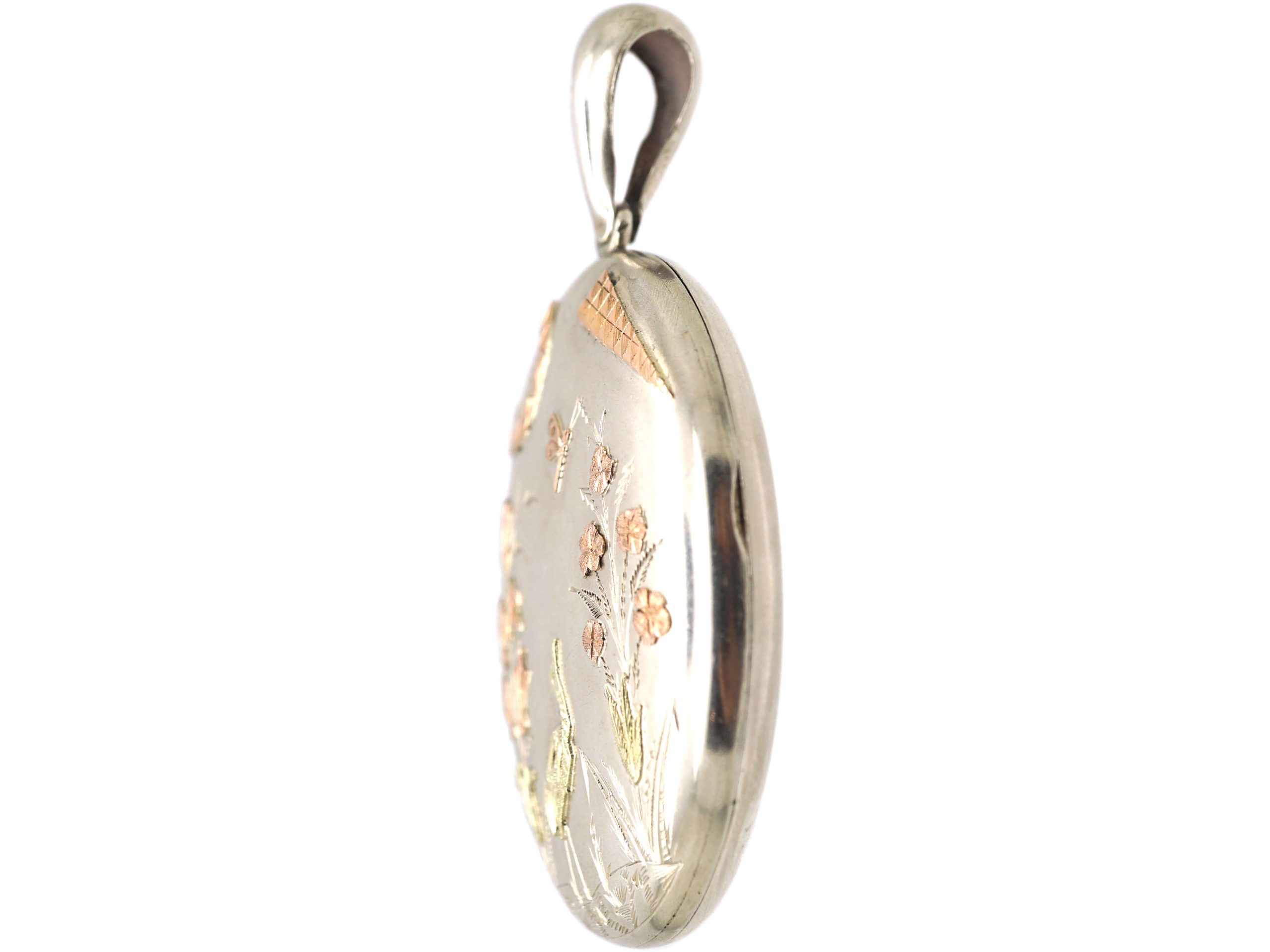 Victorian Silver & Gold Overlay Locket with Crane & Dragonfly Detail ...