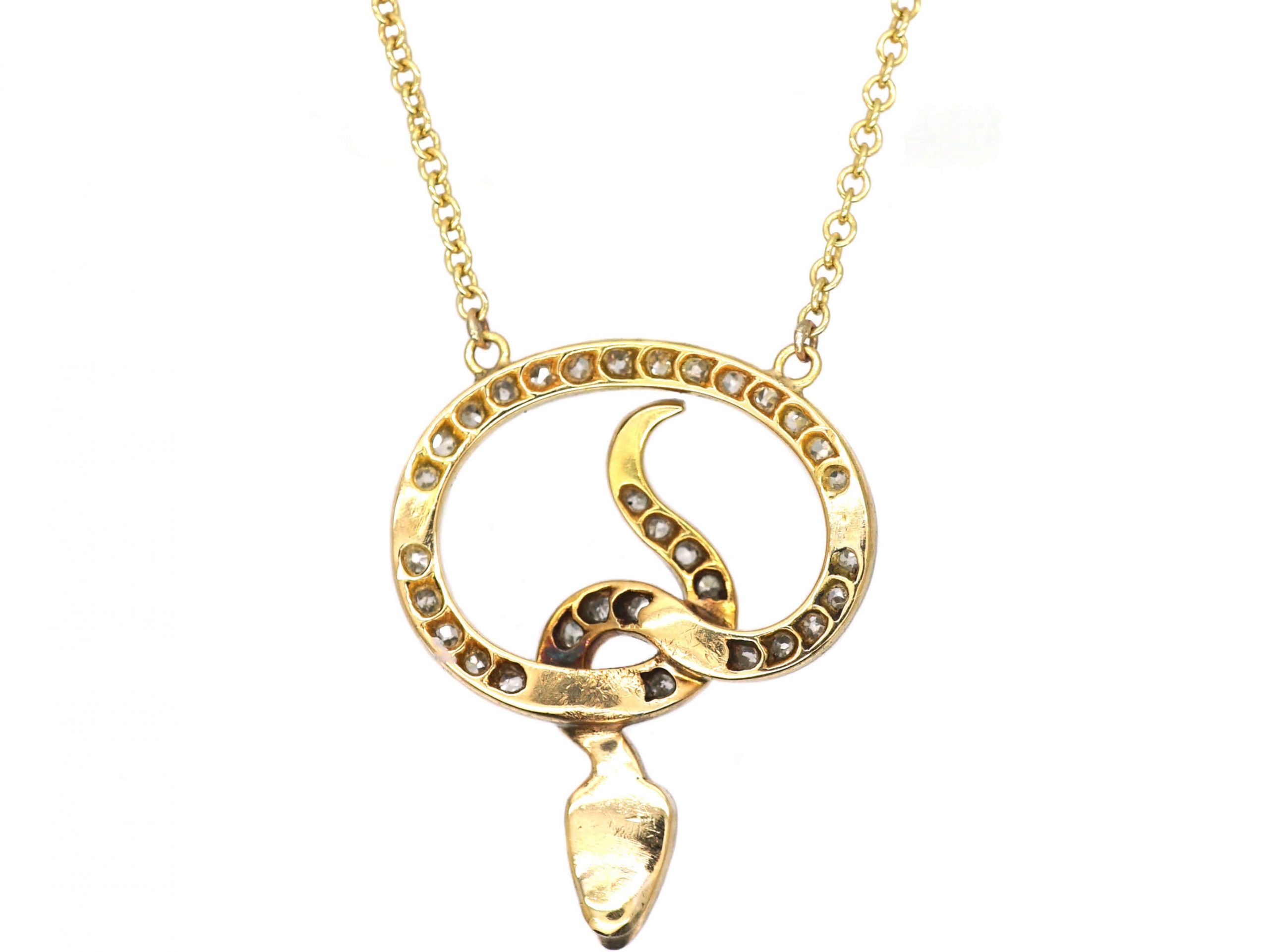 Edwardian Snake Pendant set with Diamonds with Green Garnet Eyes on a ...