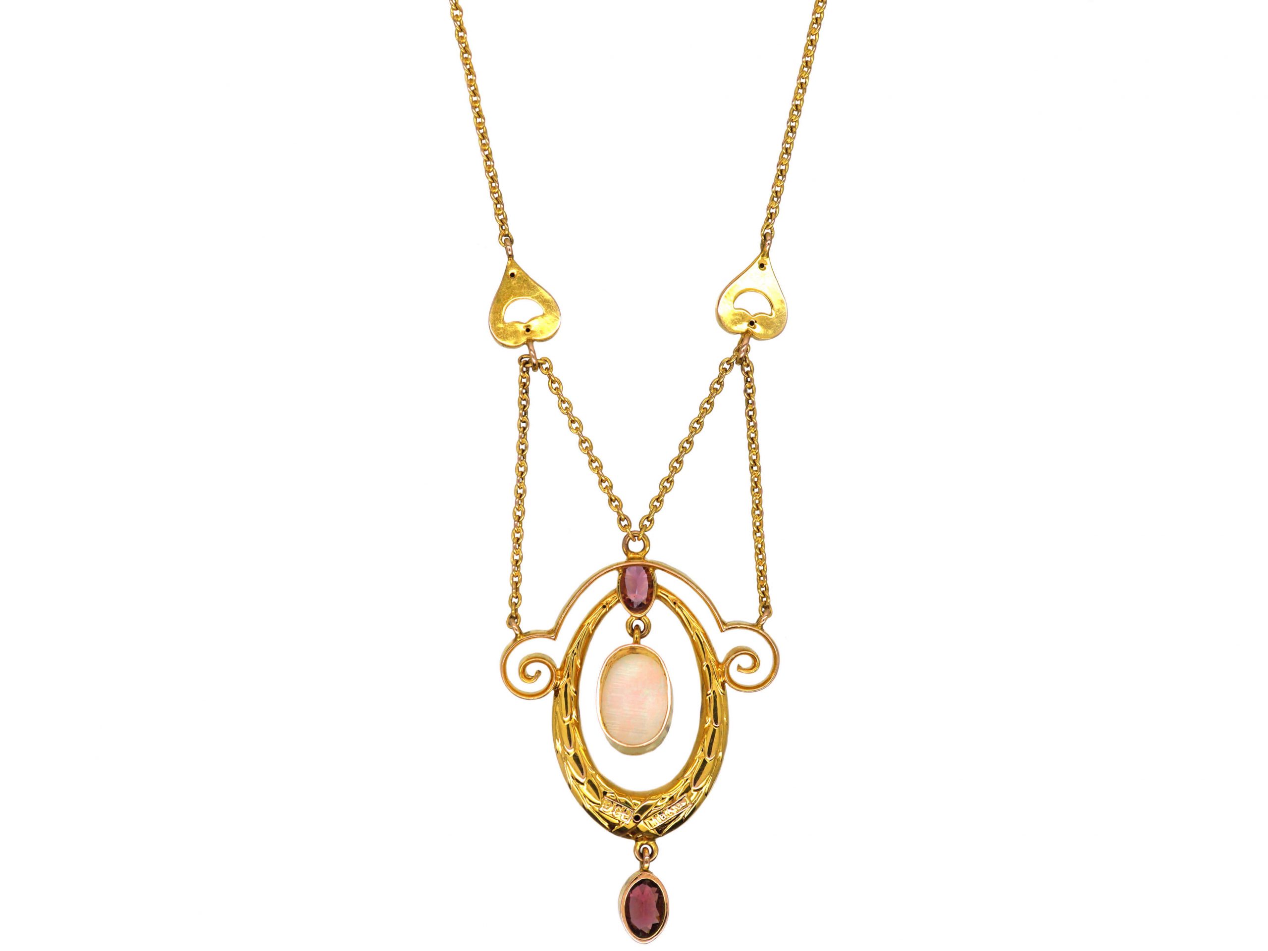 Edwardian 9ct Gold Necklace set with Opals & Garnets by Murrle Bennett ...