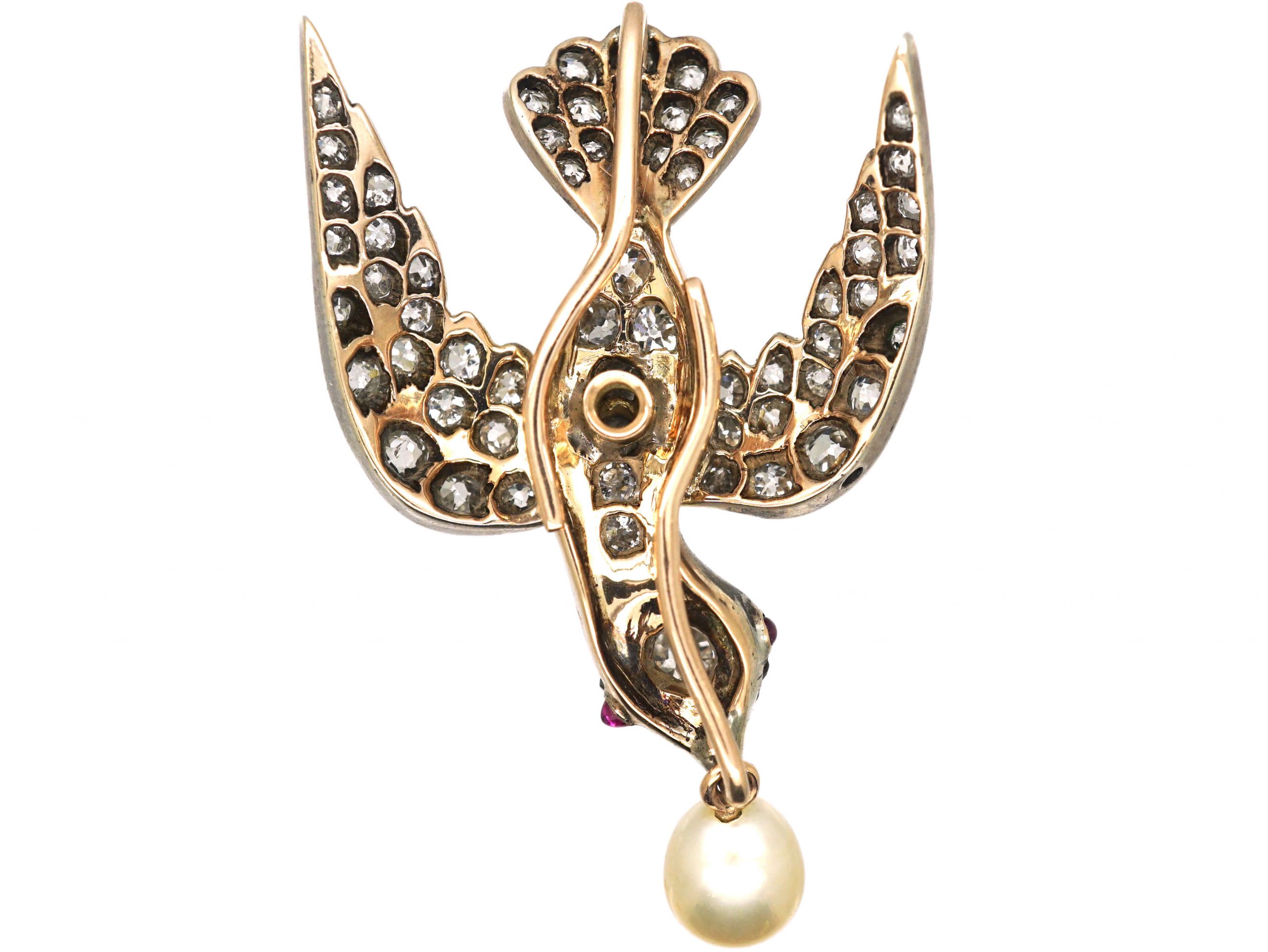 Victorian Dove of Peace Pendant set with Diamonds with a Pearl Drop ...