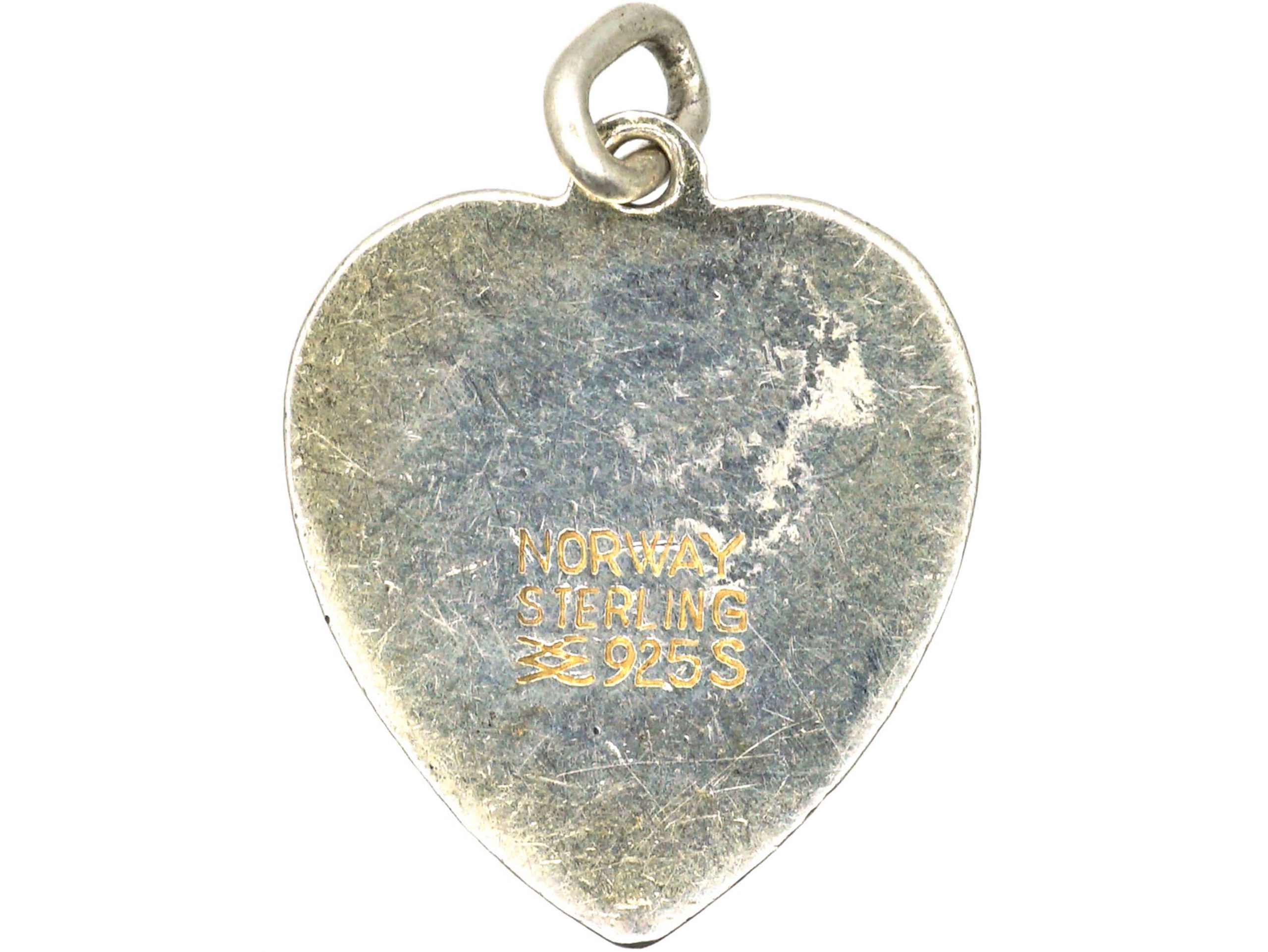 Norwegian Silver & Enamel Heart Pendant with Gentian Motif by Aksel ...