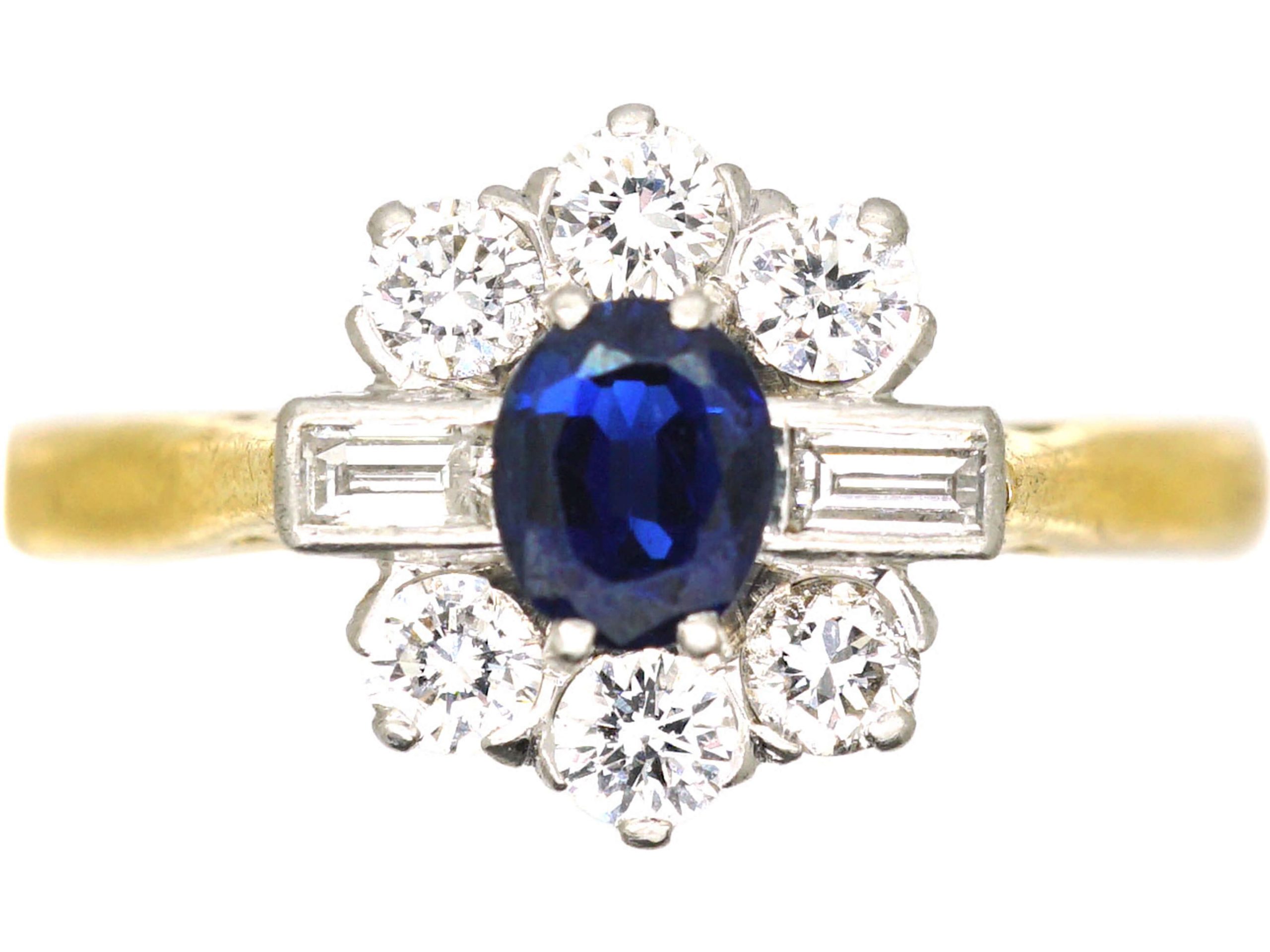 18ct Gold, Sapphire & Diamond Cluster Ring with Baguette Diamonds (54U ...