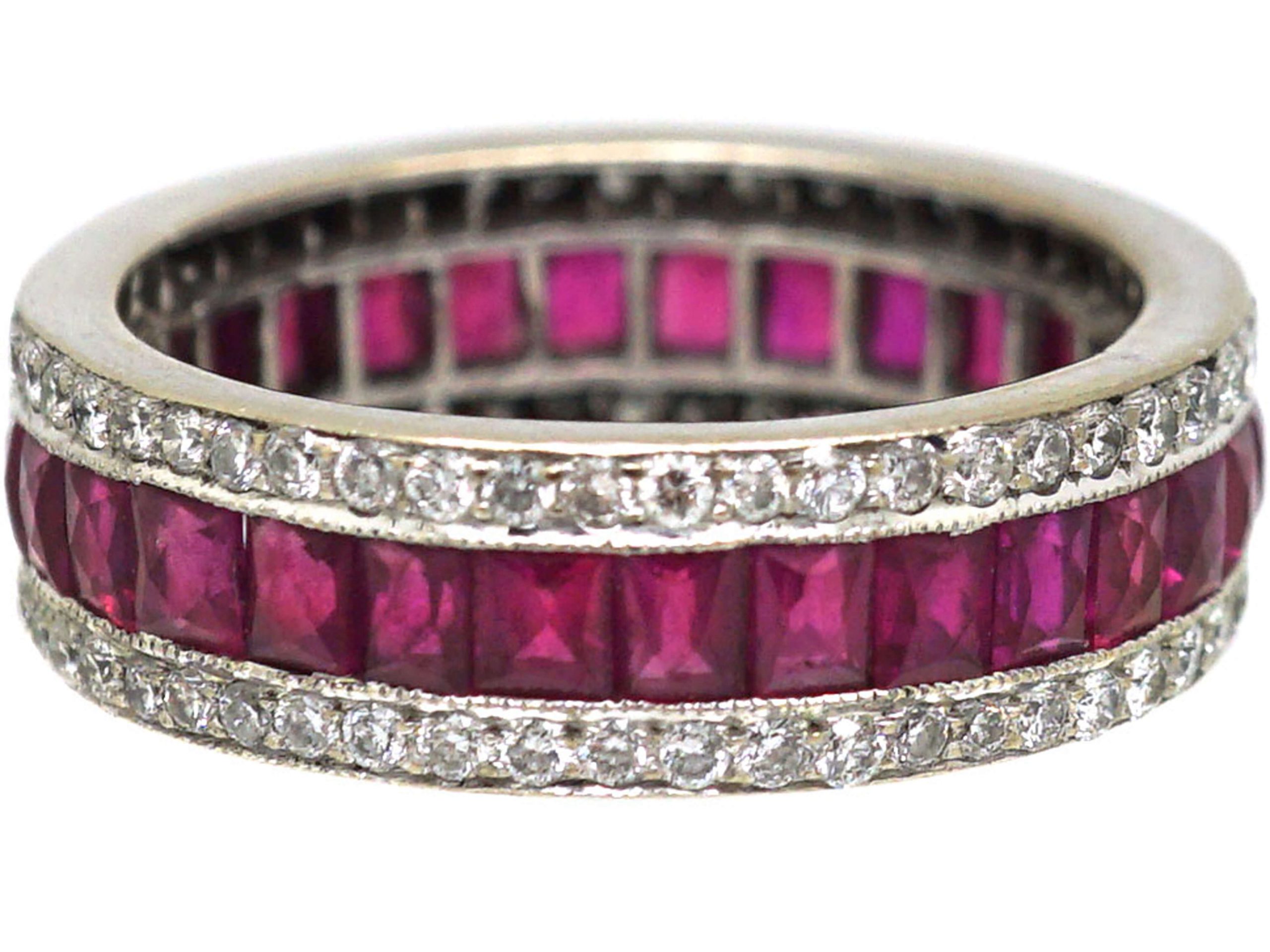 18ct White Gold Princess Cut Ruby & Diamond Three Row Eternity Ring ...