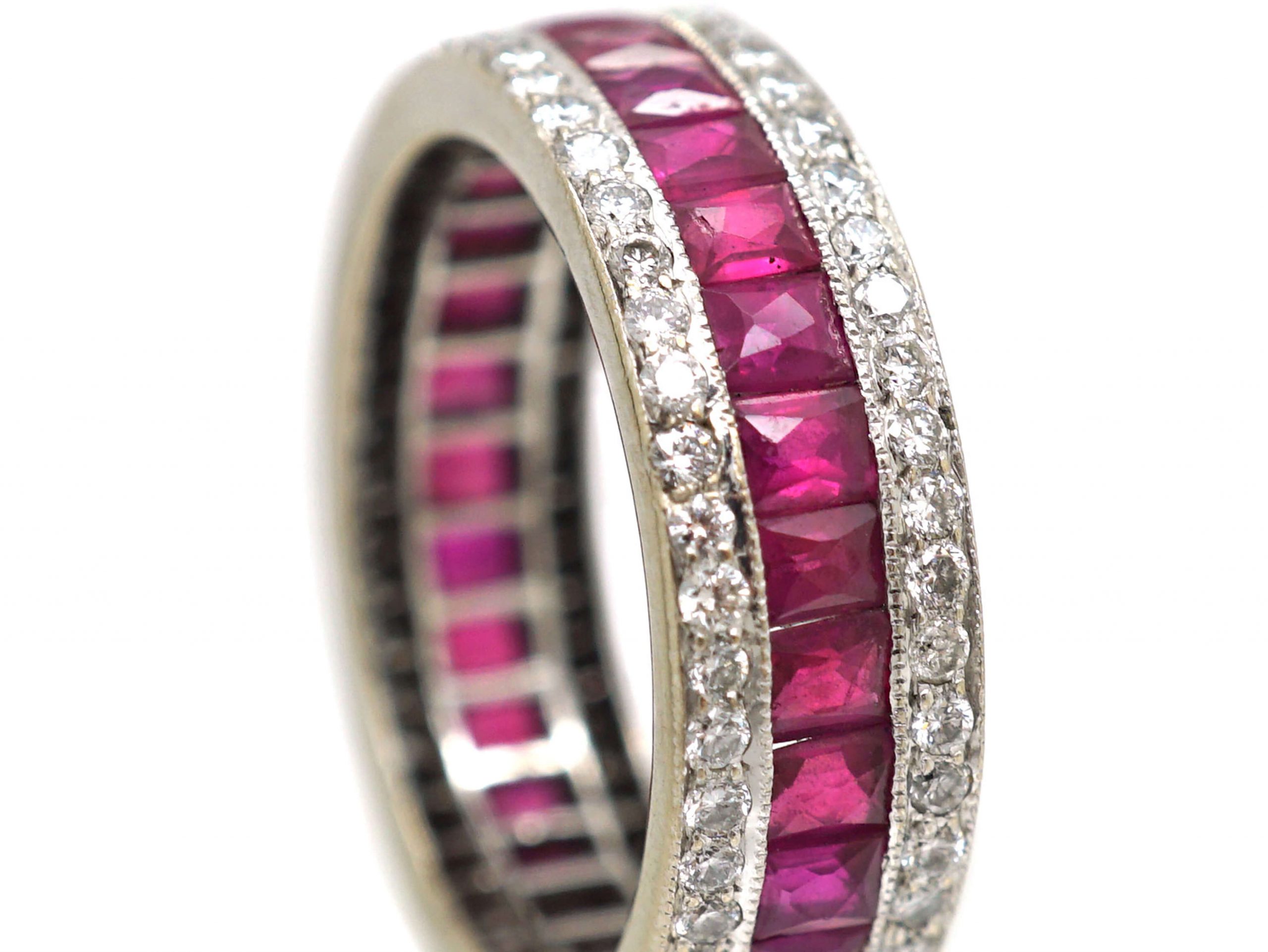 18ct White Gold Princess Cut Ruby & Diamond Three Row Eternity Ring ...