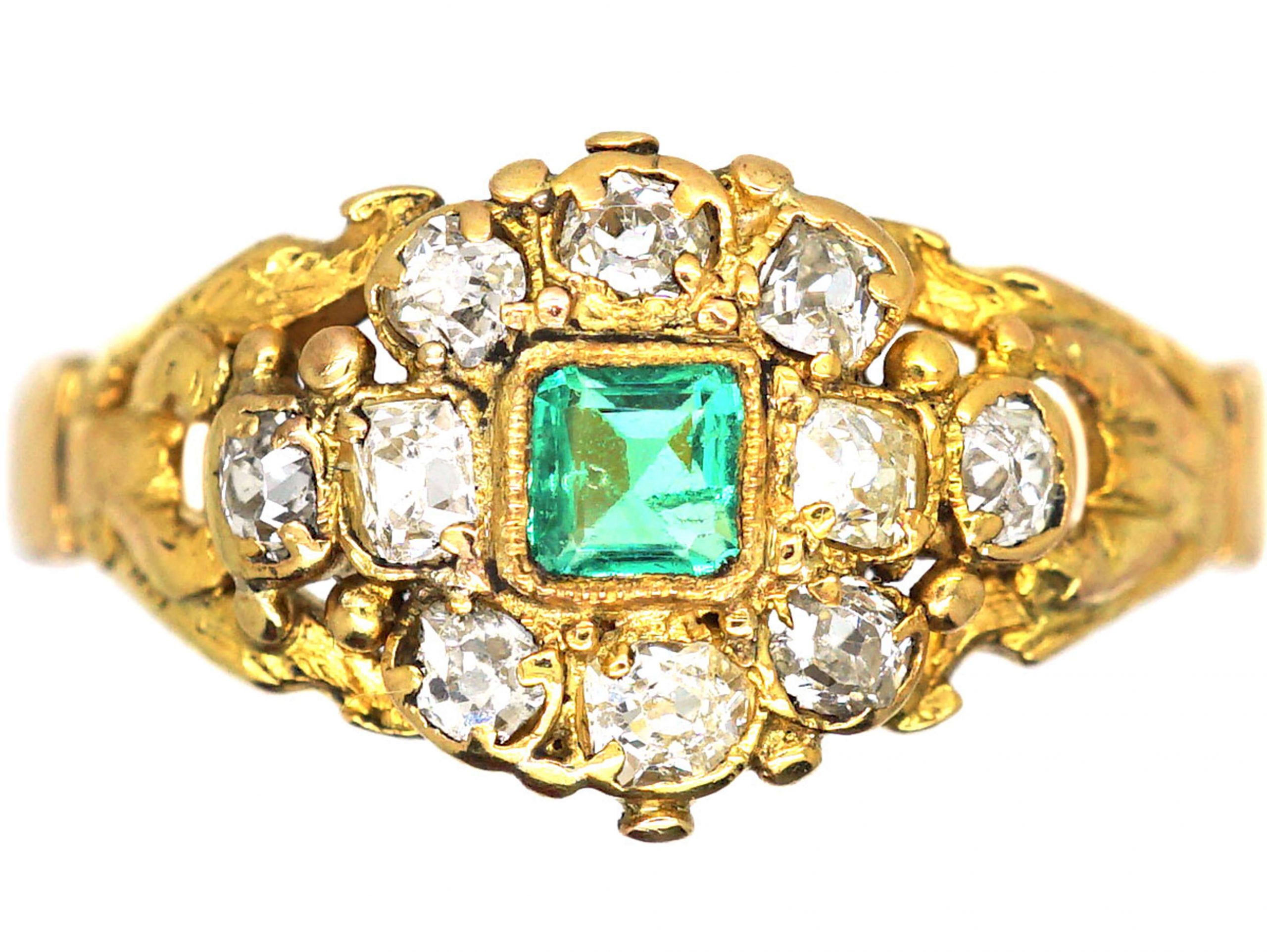 Georgian 18ct Gold, Square Cut Emerald & Diamond Cluster Ring (997T ...