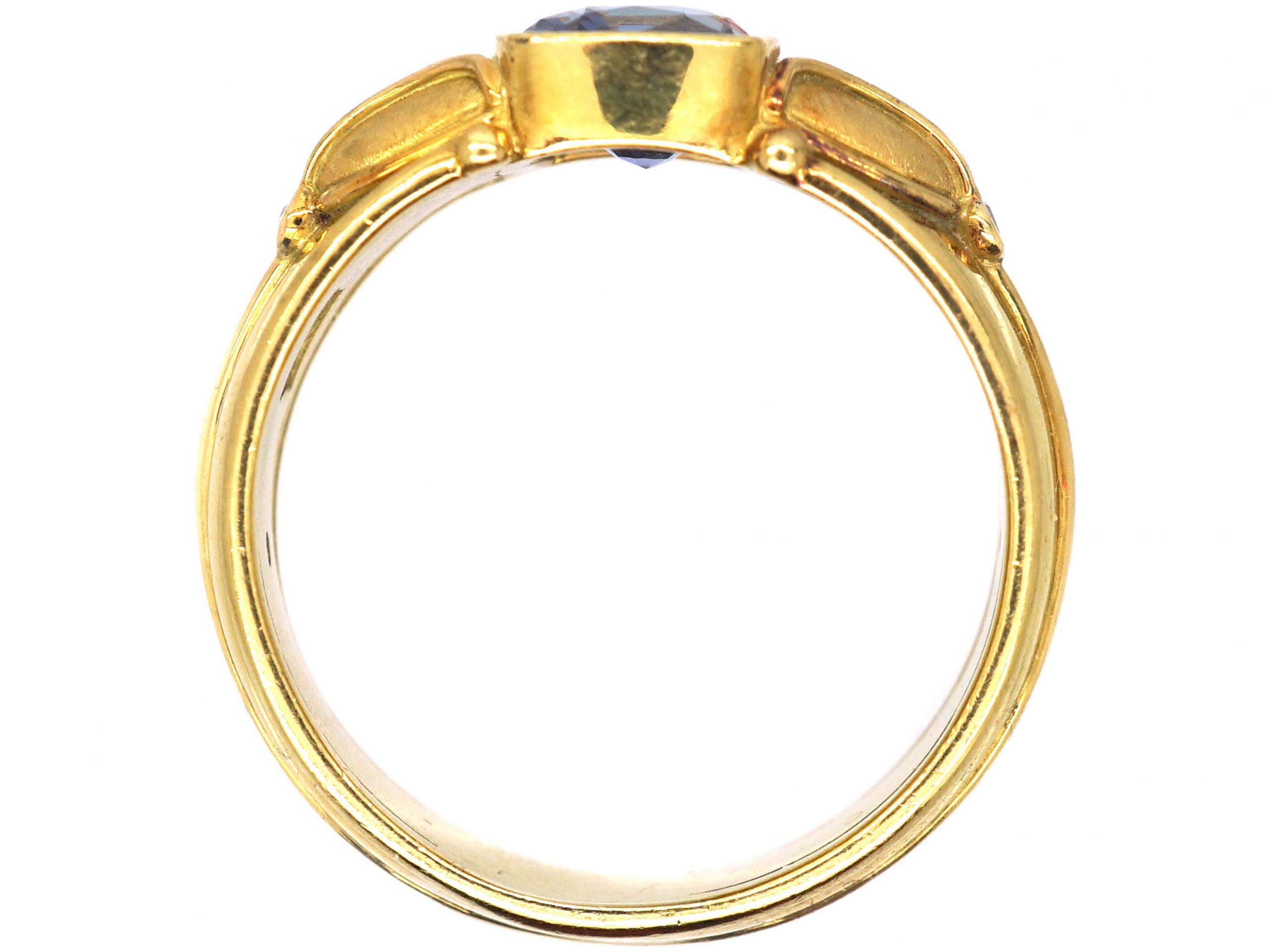 18ct Gold & Sapphire Ring with Raised Gold Motifs & Small Diamonds (81U ...
