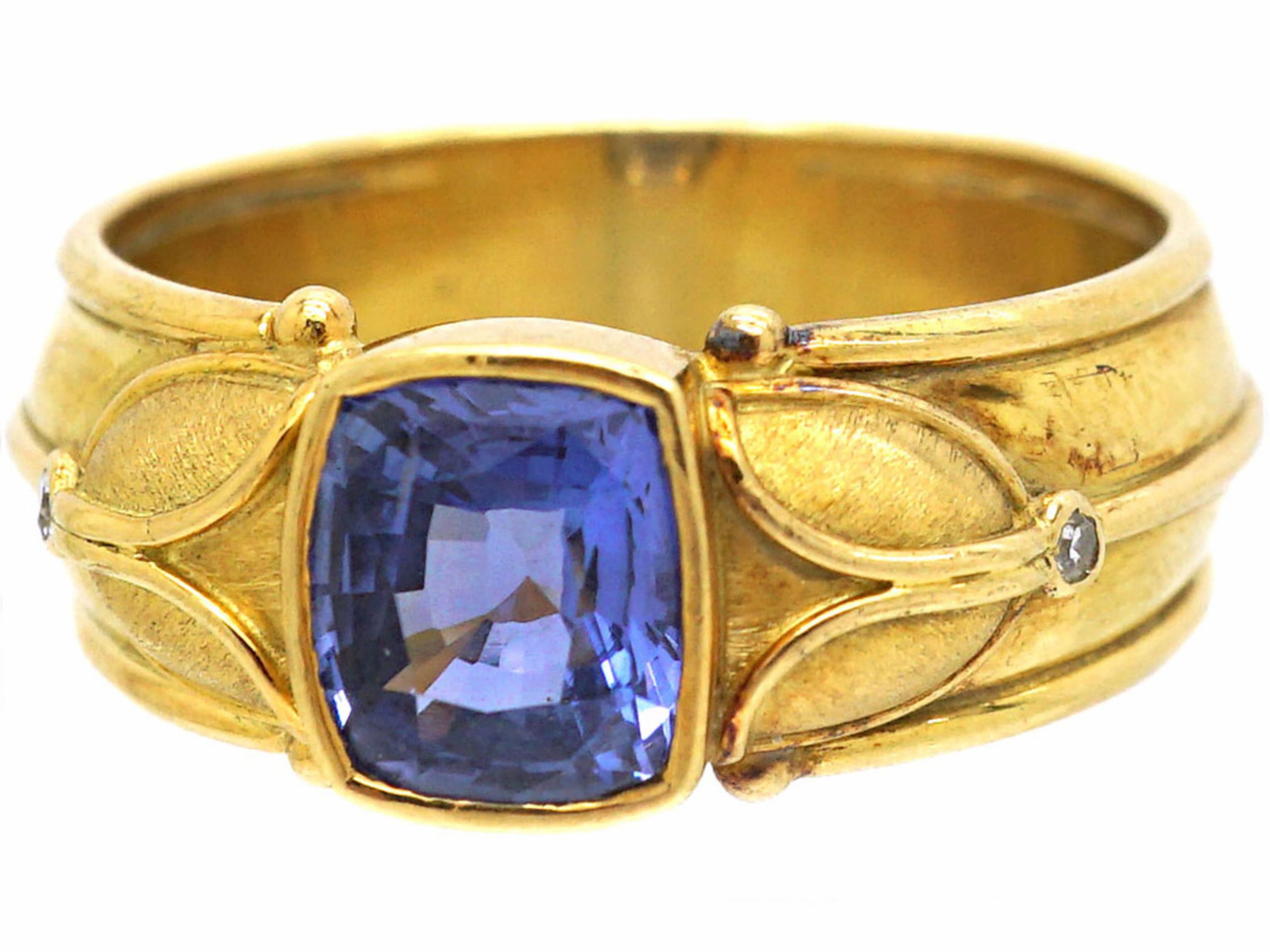 18ct Gold & Sapphire Ring with Raised Gold Motifs & Small Diamonds (81U ...