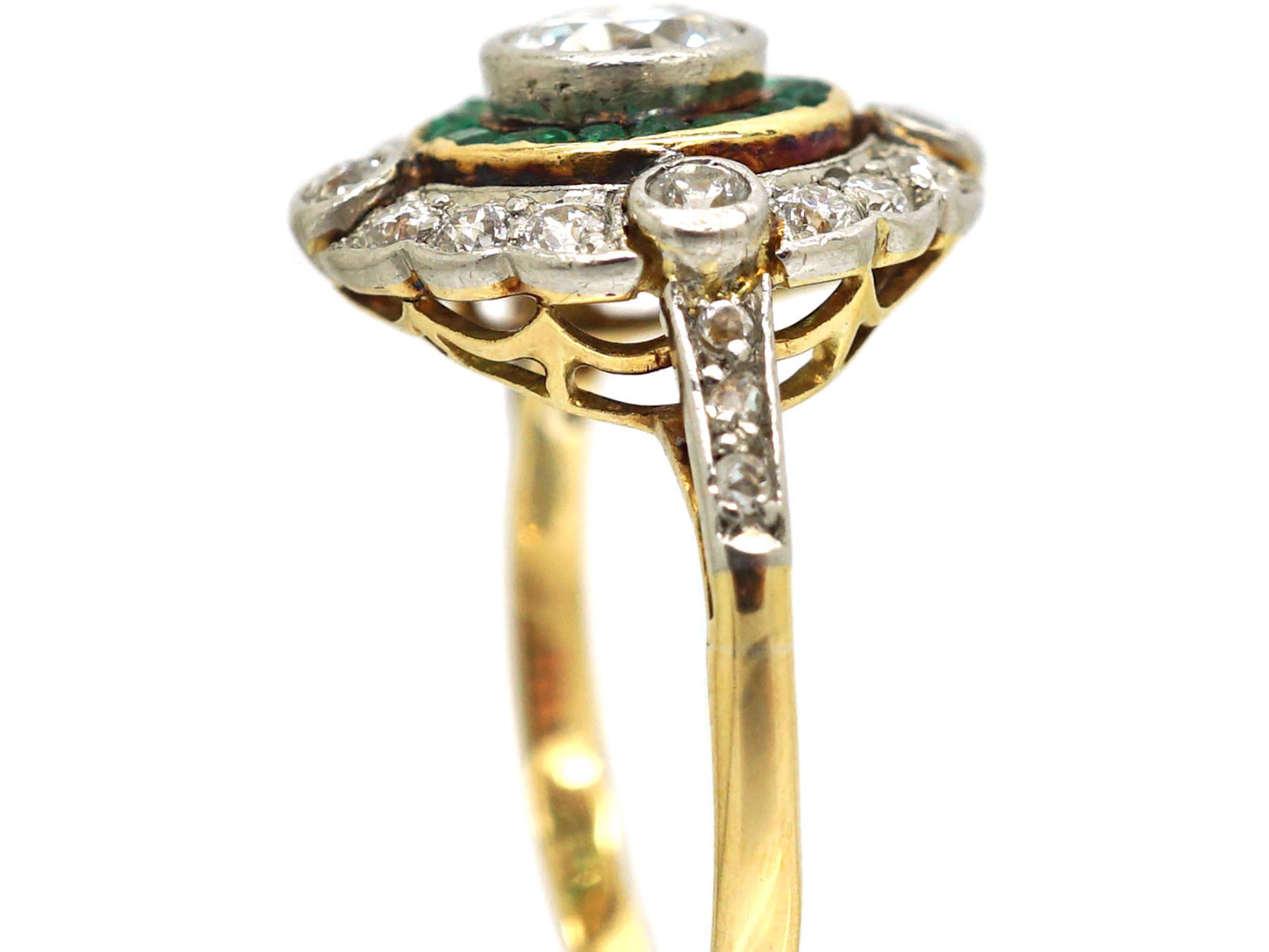 Art Deco 18ct Gold & Platinum, Diamond & Emerald Target Ring (84U ...