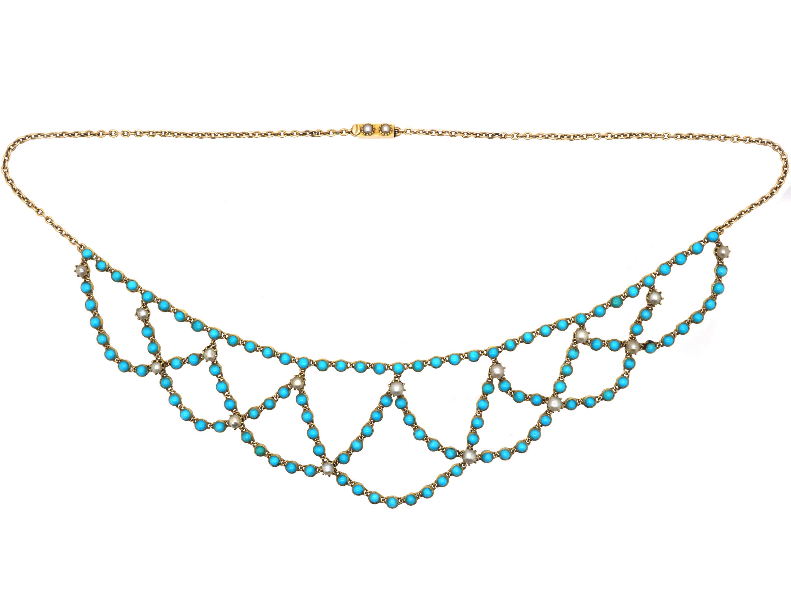 Edwardian 15ct Gold Festoon Necklace set with Turquoise & Natural Split ...