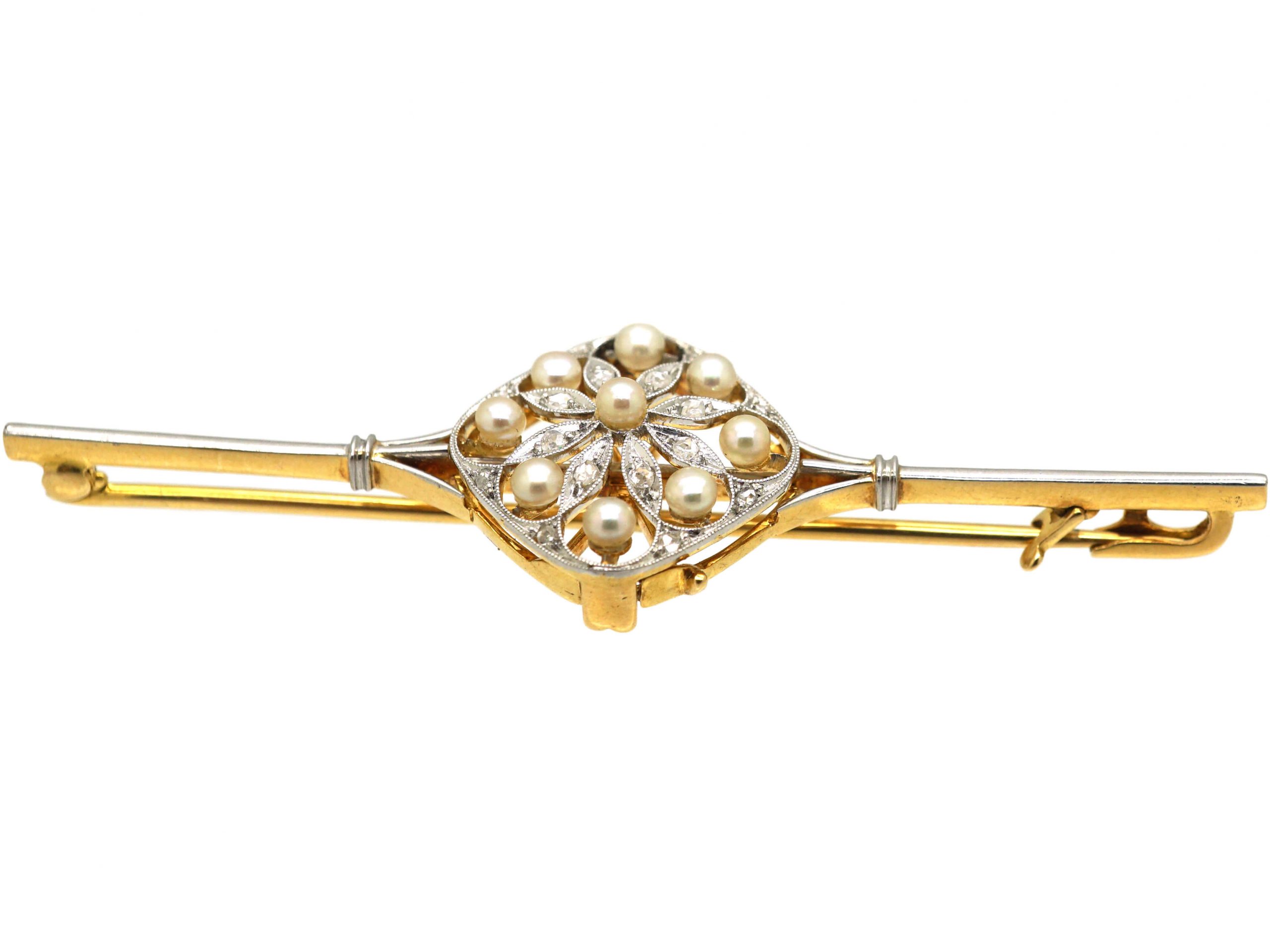Edwardian 15ct Gold & Platinum, Rose Diamond & Natural Pearl Brooch ...