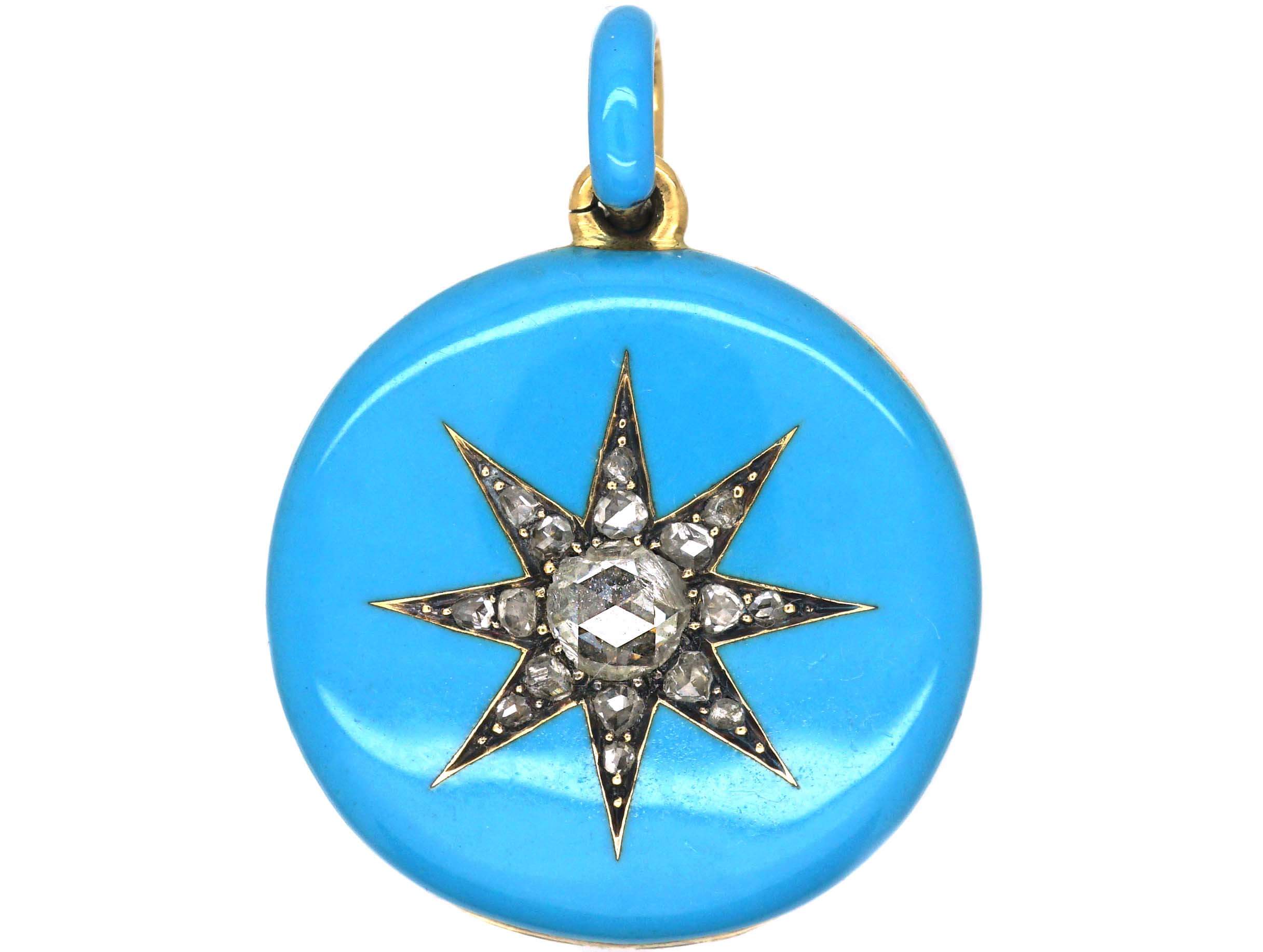 Victorian 18ct Gold Turquoise Blue Enamel Locket with Rose Diamond Star ...