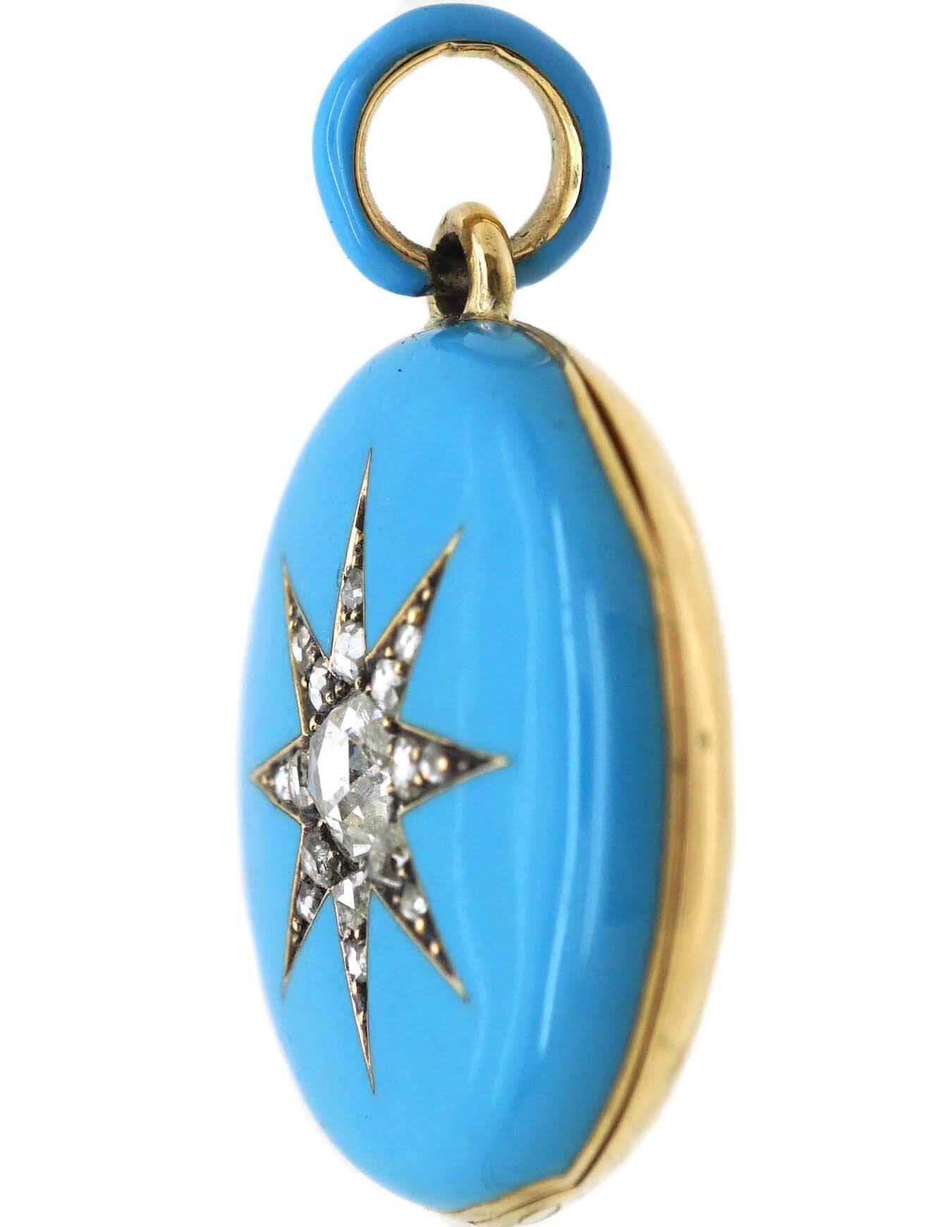 Victorian 18ct Gold Turquoise Blue Enamel Locket with Rose Diamond Star ...