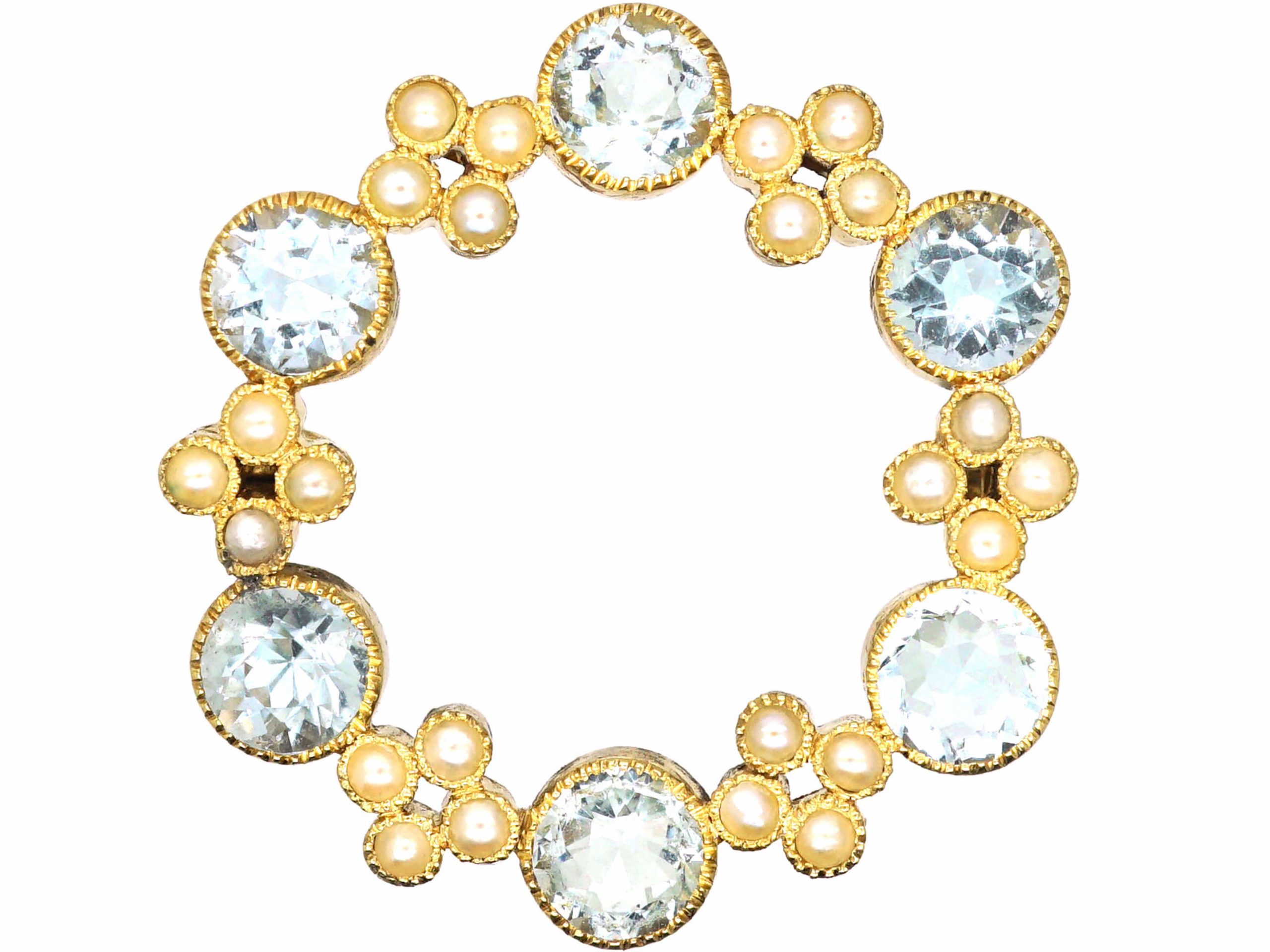Edwardian 15ct Gold, Aquamarine & Natural Split Pearl Round Brooch ...