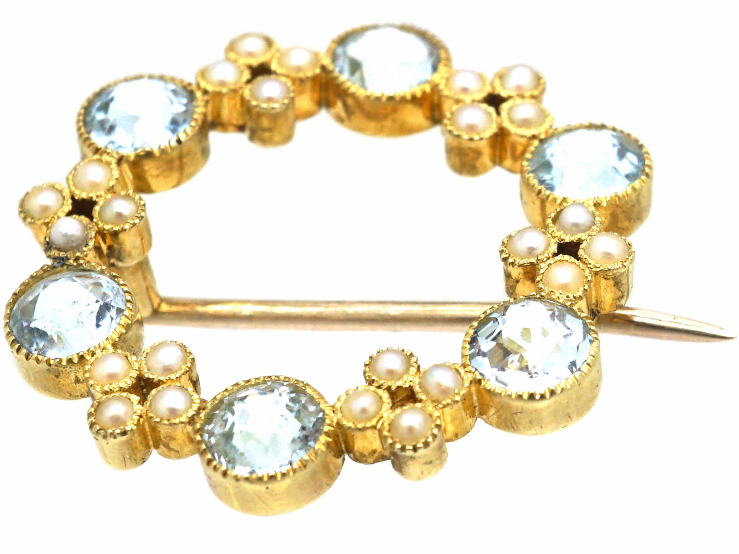 Edwardian 15ct Gold, Aquamarine & Natural Split Pearl Round Brooch ...