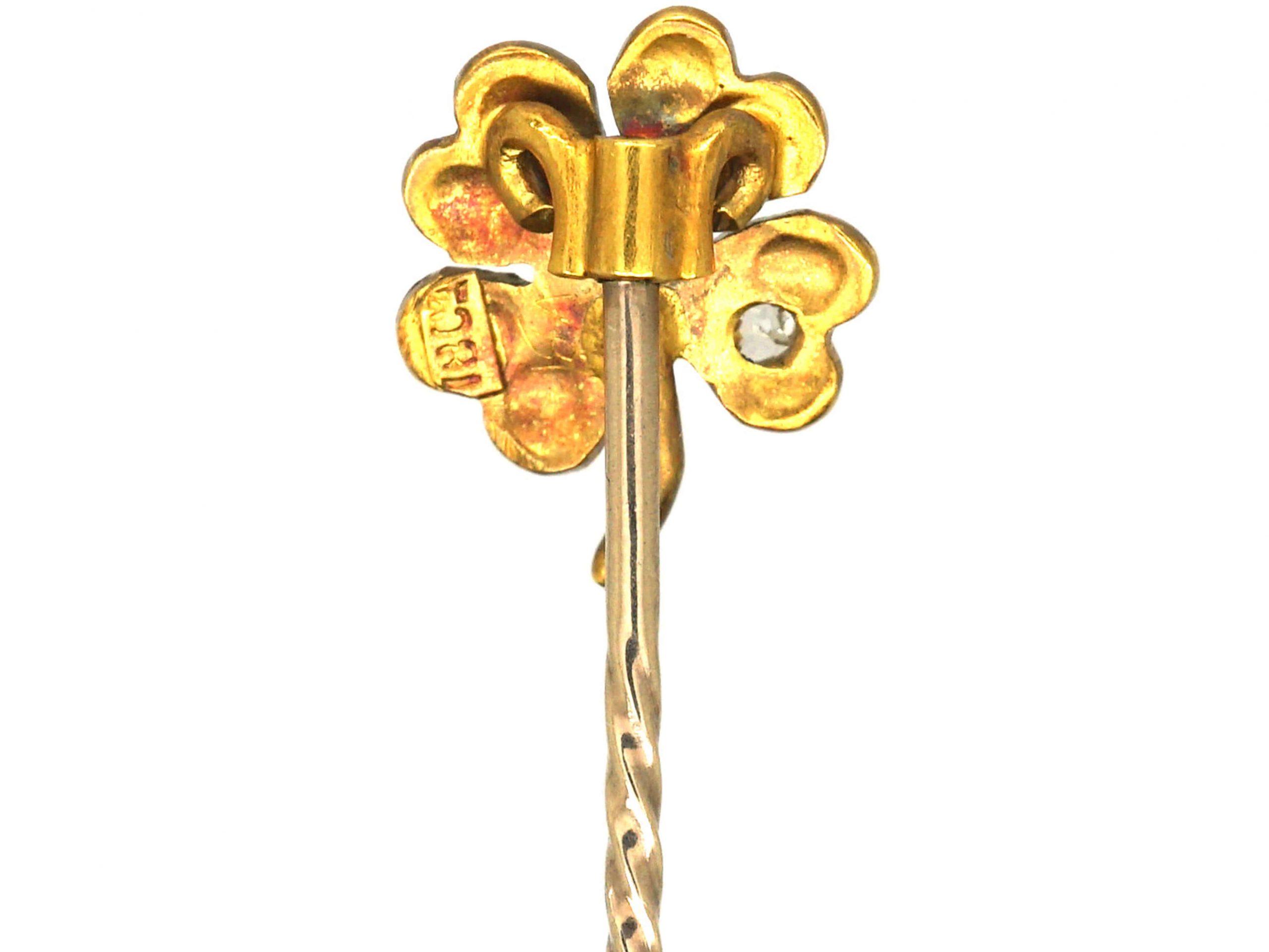 Edwardian 18ct Gold & Green Enamel Four Leaf Clover Tie Pin set with a ...