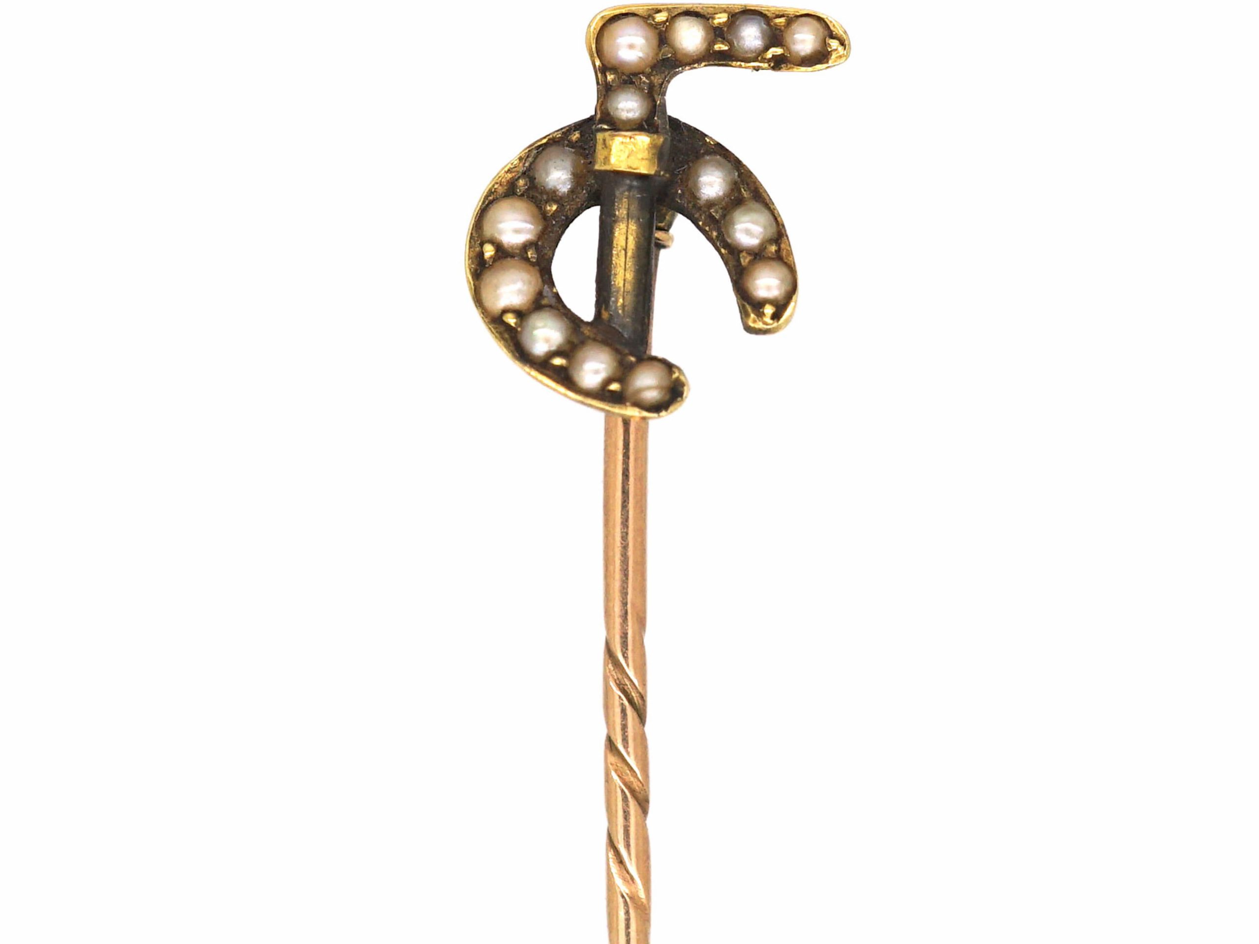 Edwardian 15ct Gold & Natural Split Pearl Tie Pin of a Horseshoe & Whip ...