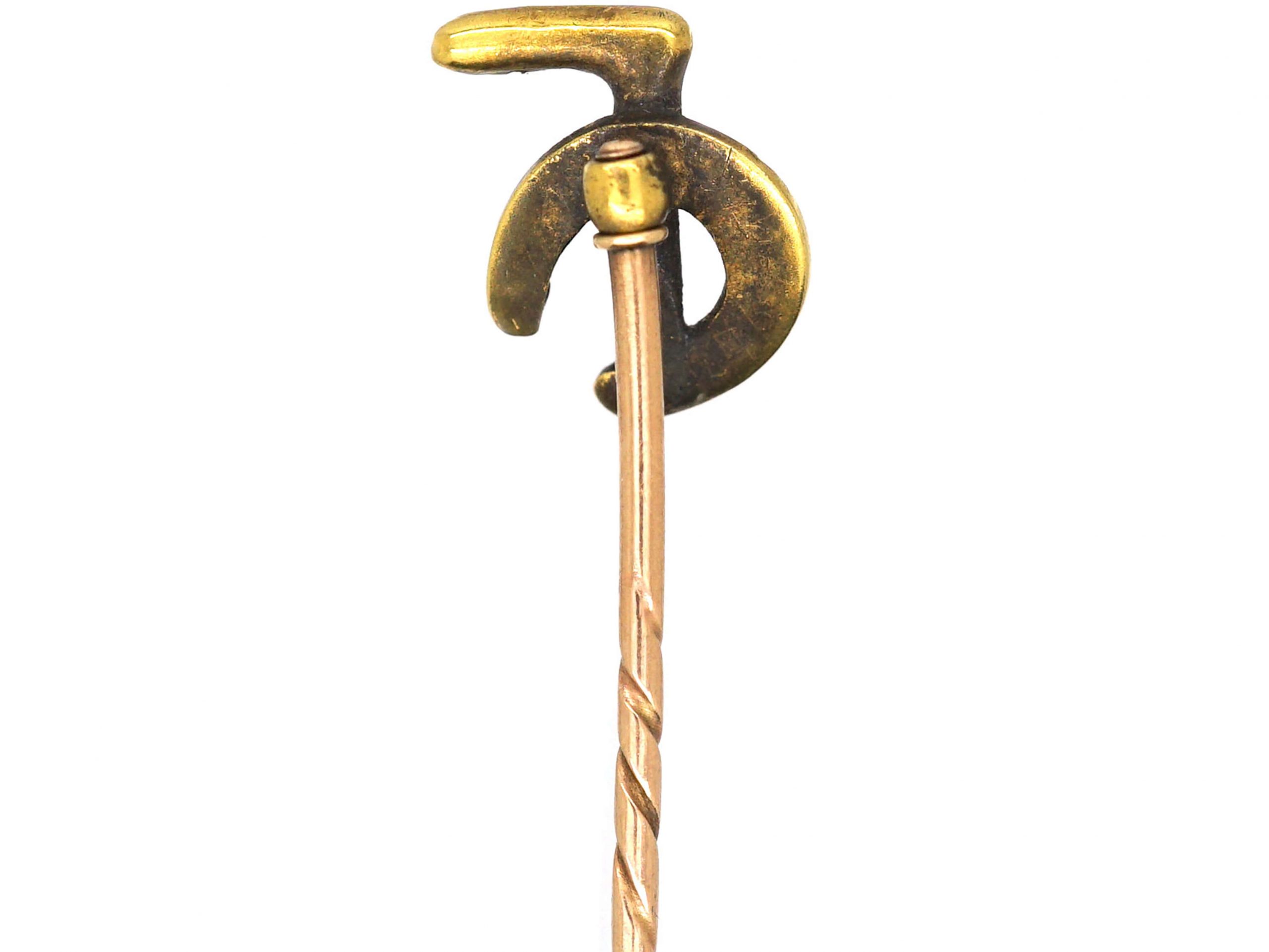 Edwardian 15ct Gold & Natural Split Pearl Tie Pin of a Horseshoe & Whip ...