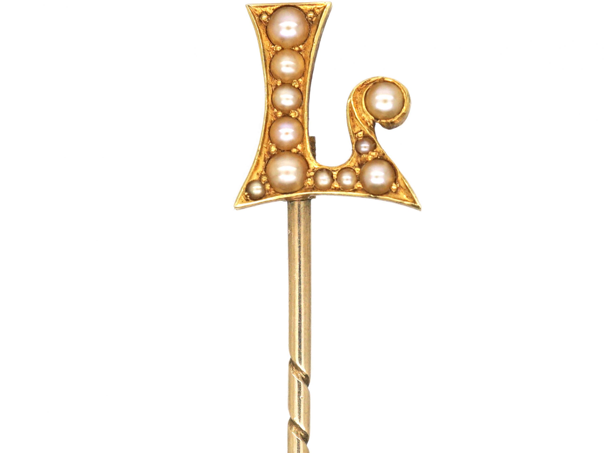 Edwardian Gold Tie Pin set with Natural Split Pearls in an L Shape ...