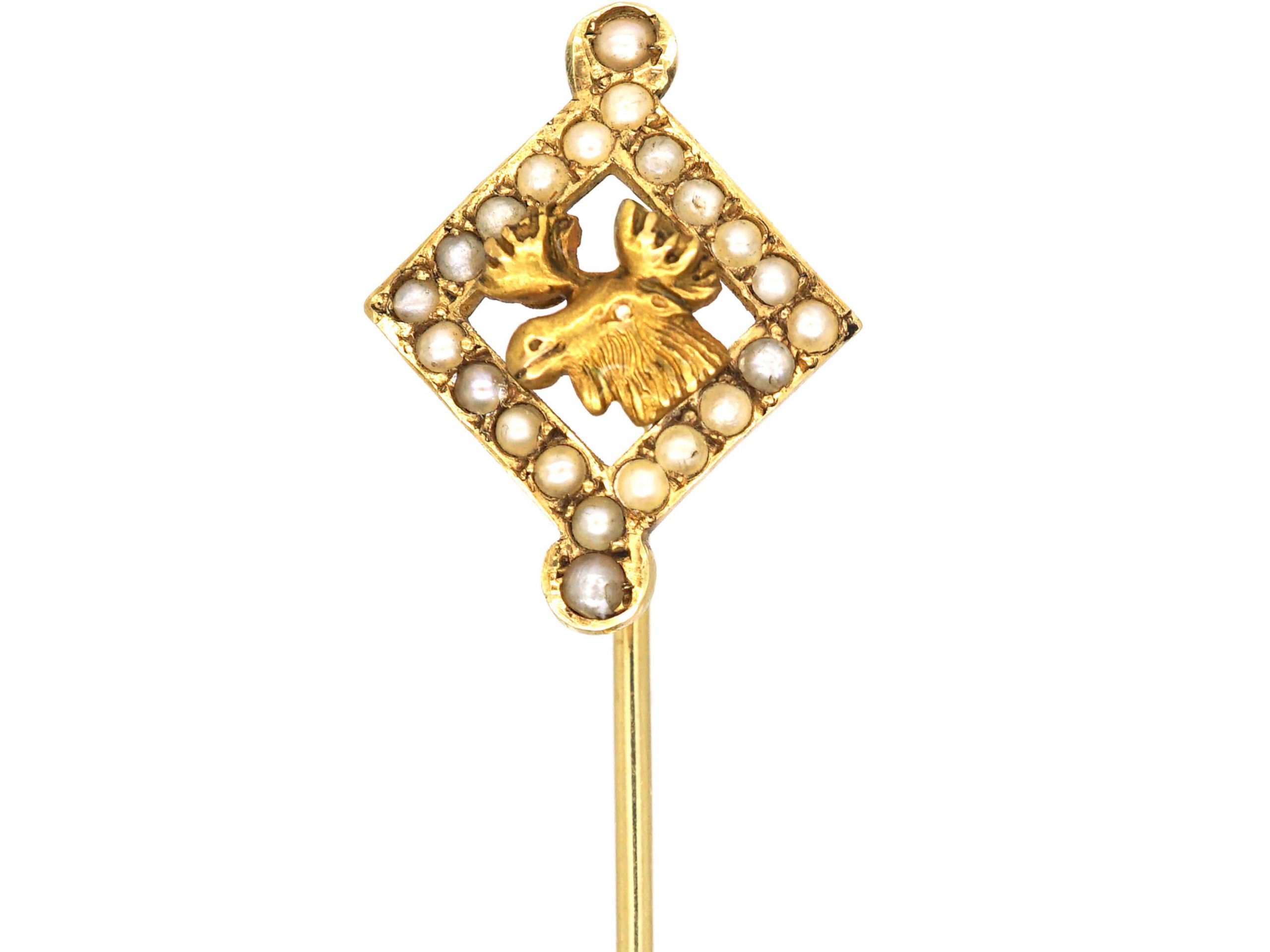 Early 20th Century 14ct Gold & Natural Split Pearl Tie Pin of a Moose ...