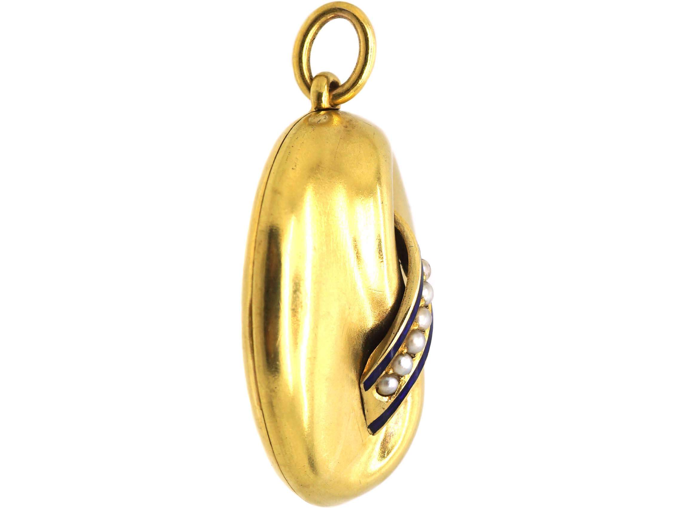 Victorian 18ct Gold Wave Locket with Natural Split Pearl & Blue Enamel ...