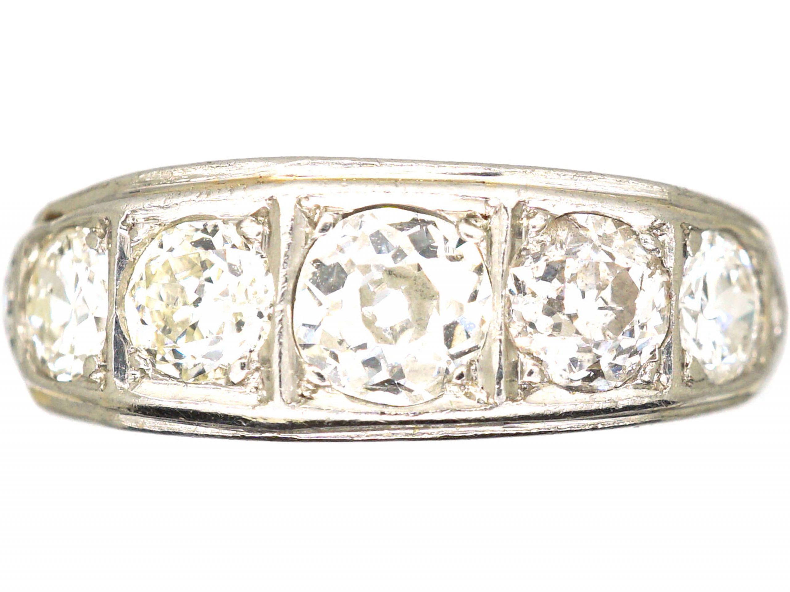 Art Deco Platinum, Five Stone Diamond Ring with Engraved Sides (75U ...