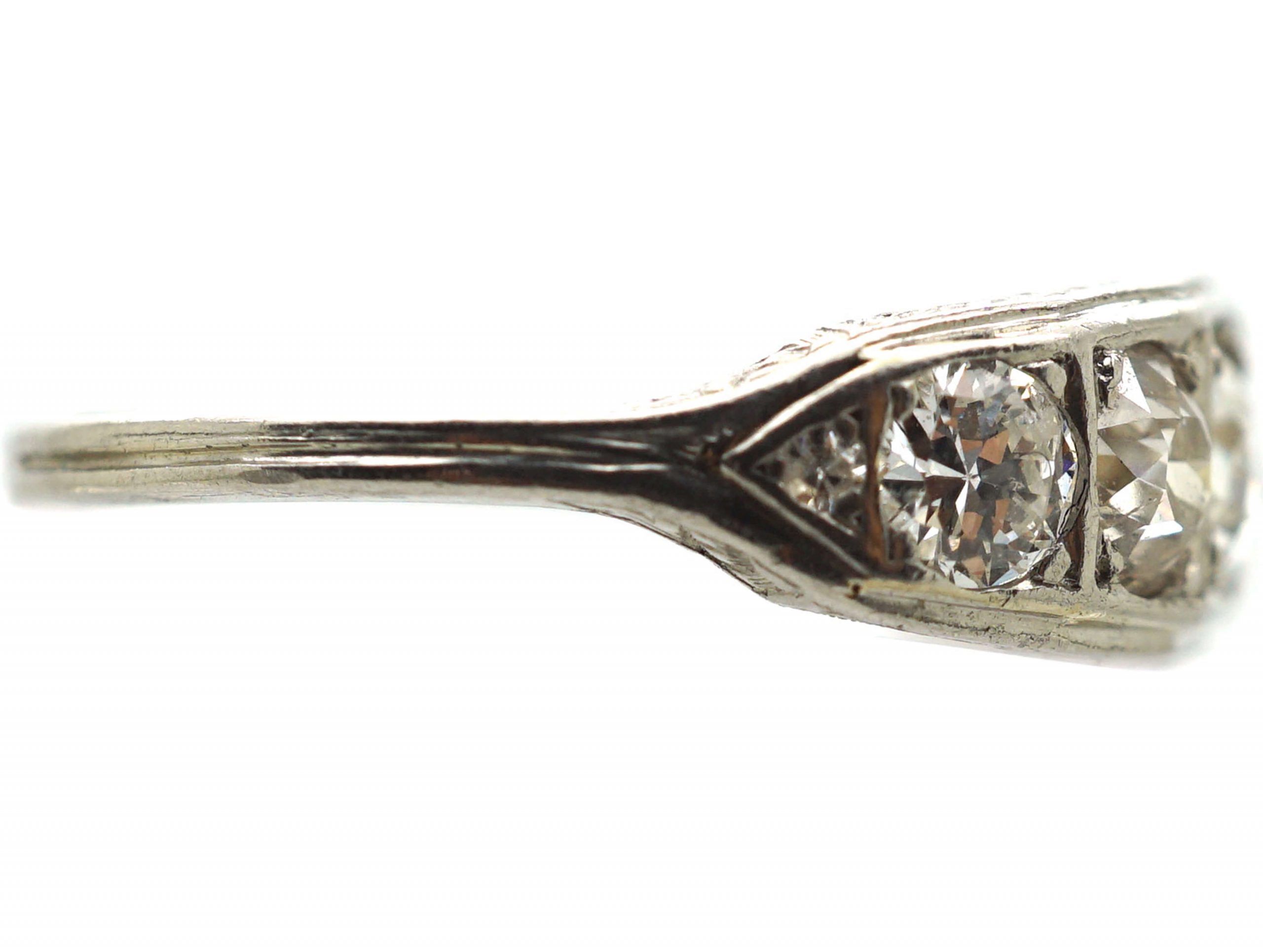 Art Deco Platinum, Five Stone Diamond Ring with Engraved Sides (75U ...