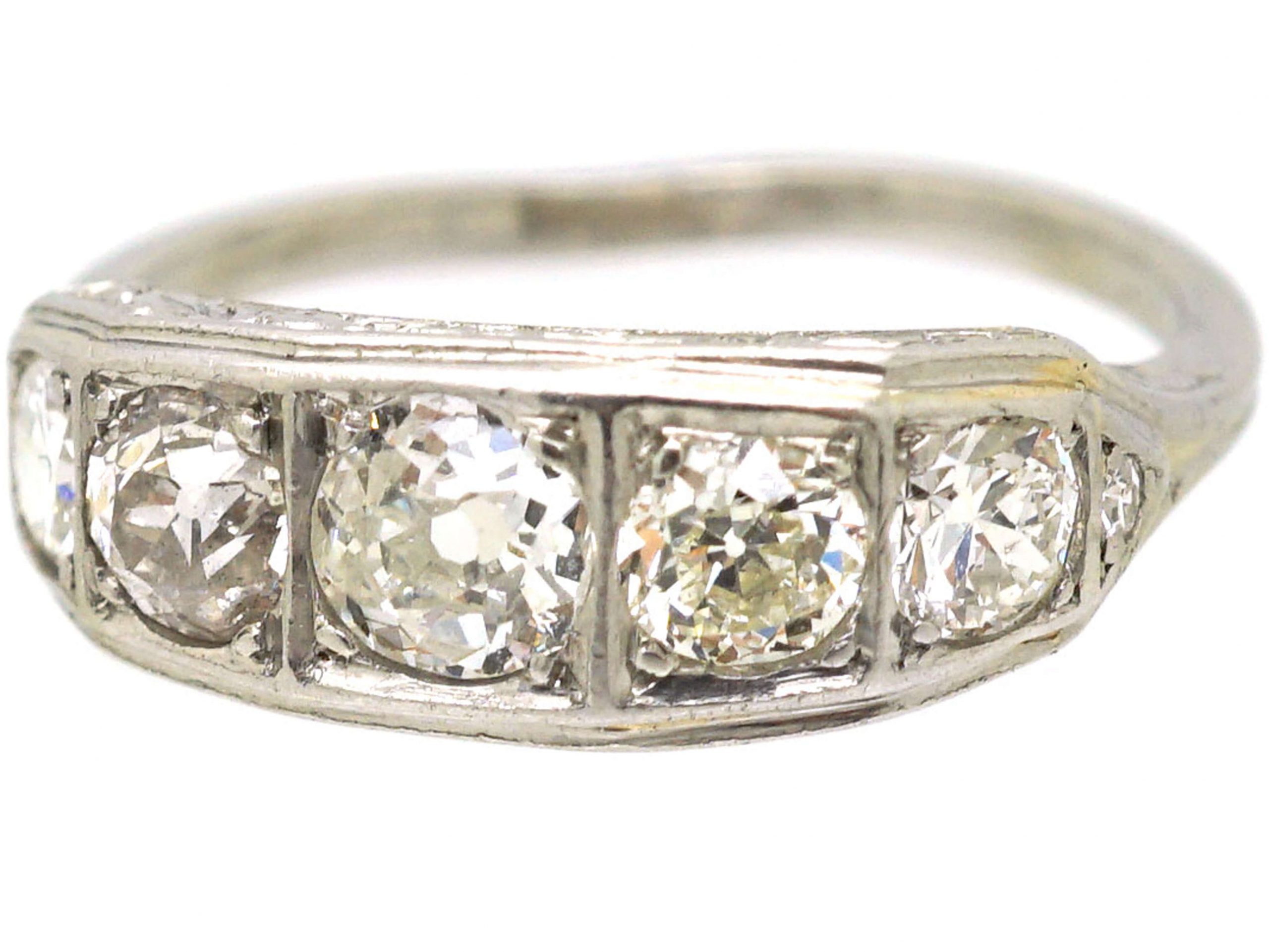 Art Deco Platinum, Five Stone Diamond Ring with Engraved Sides (75U ...