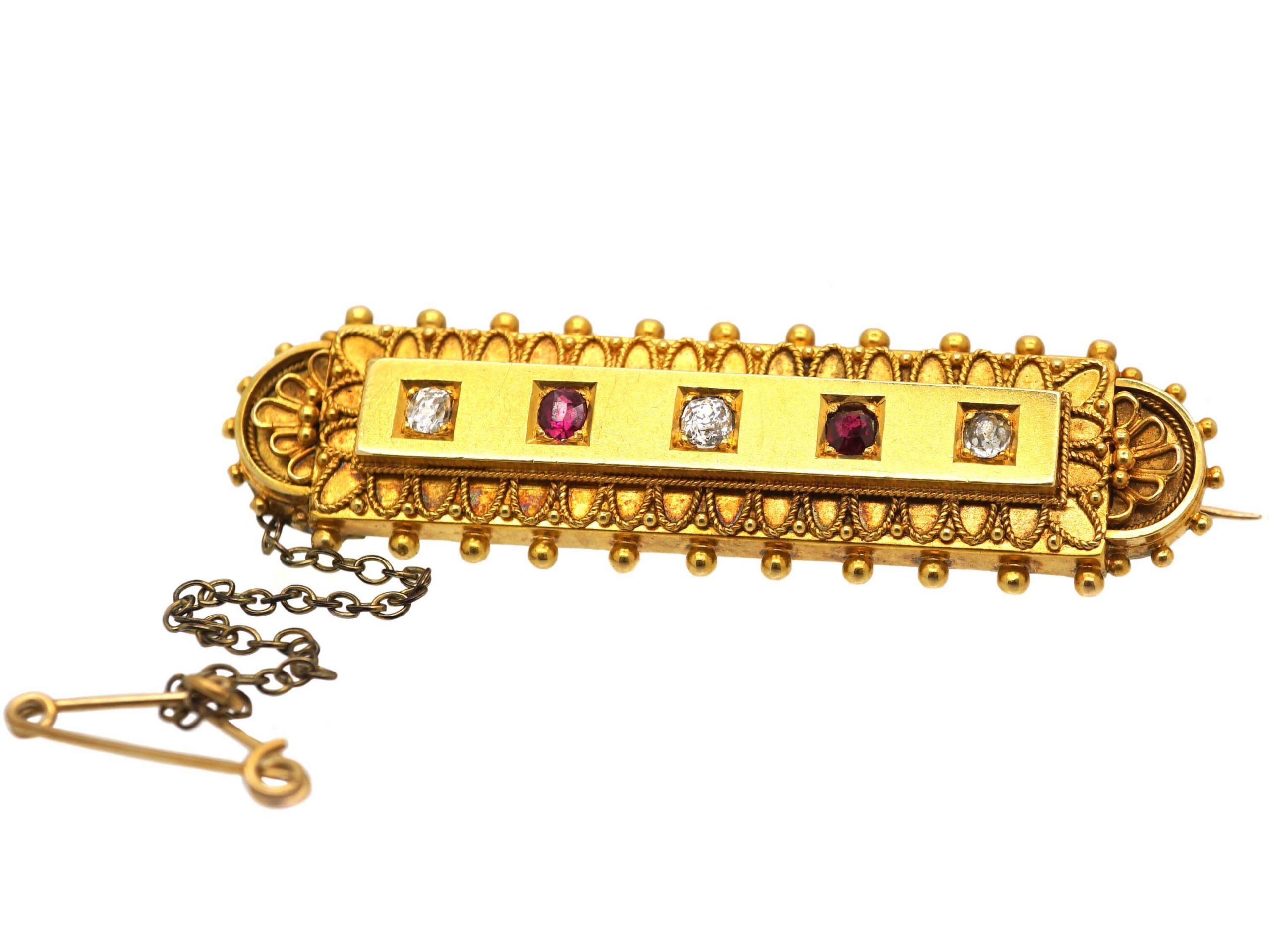 Victorian 15ct Gold Etruscan Style Brooch set with Rubies & Diamonds ...
