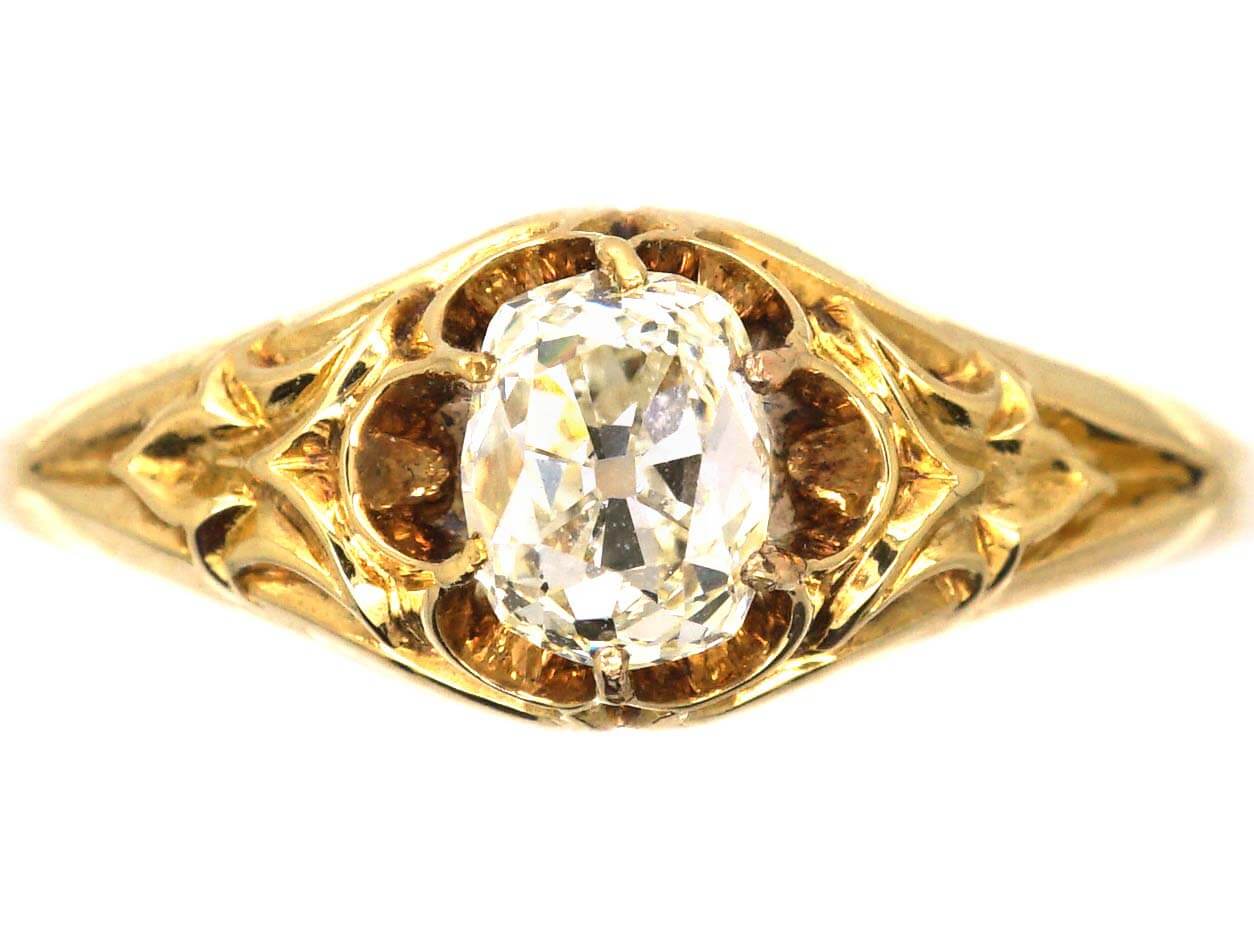 Victorian 18ct Gold, Old Mine Cut Solitaire Ring with Ornate Shoulders ...
