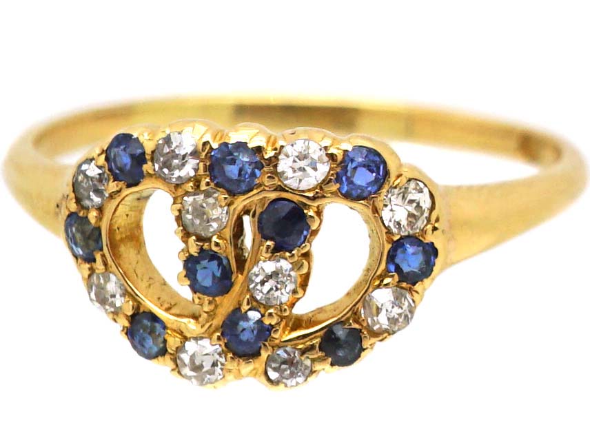 Edwardian 18ct Gold, Entwined Hearts Ring set with Sapphires & Diamonds ...