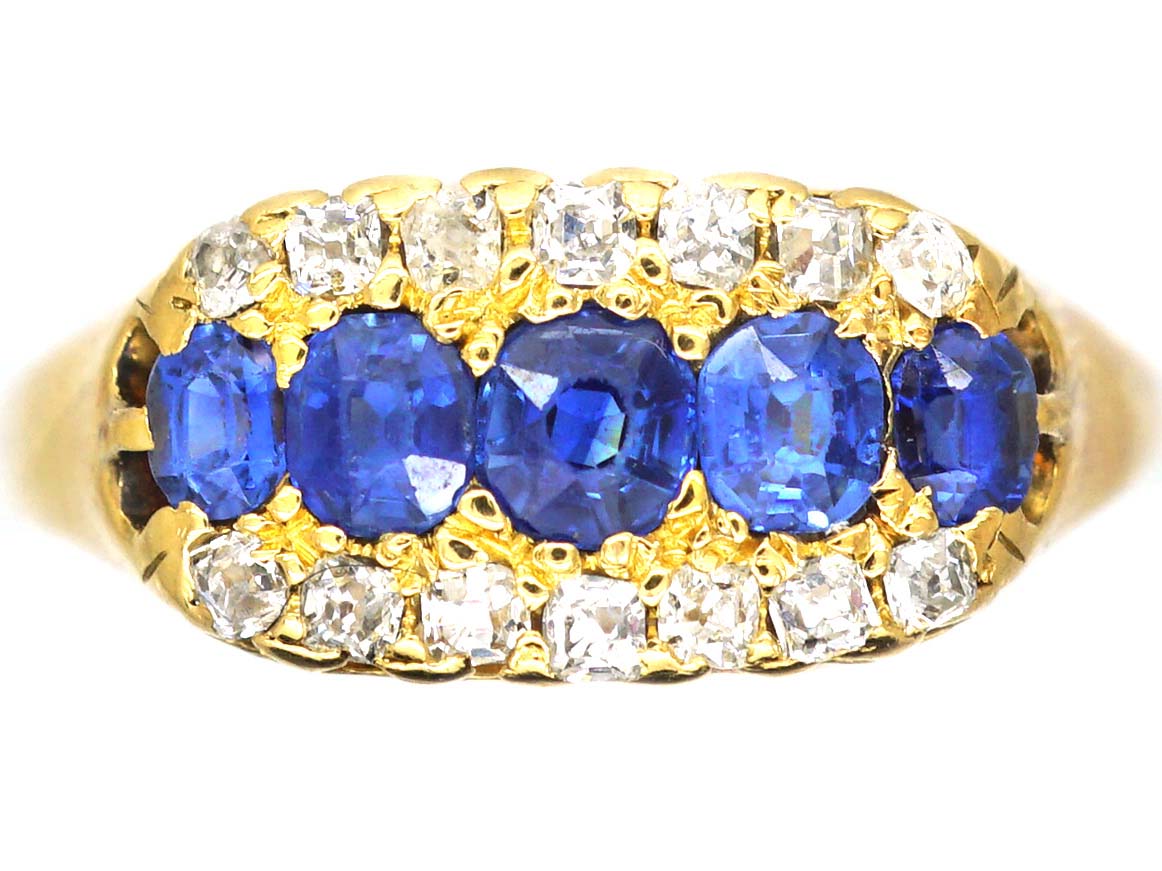Edwardian 18ct Gold Boat Shaped Ring set with Sapphires & Diamonds ...