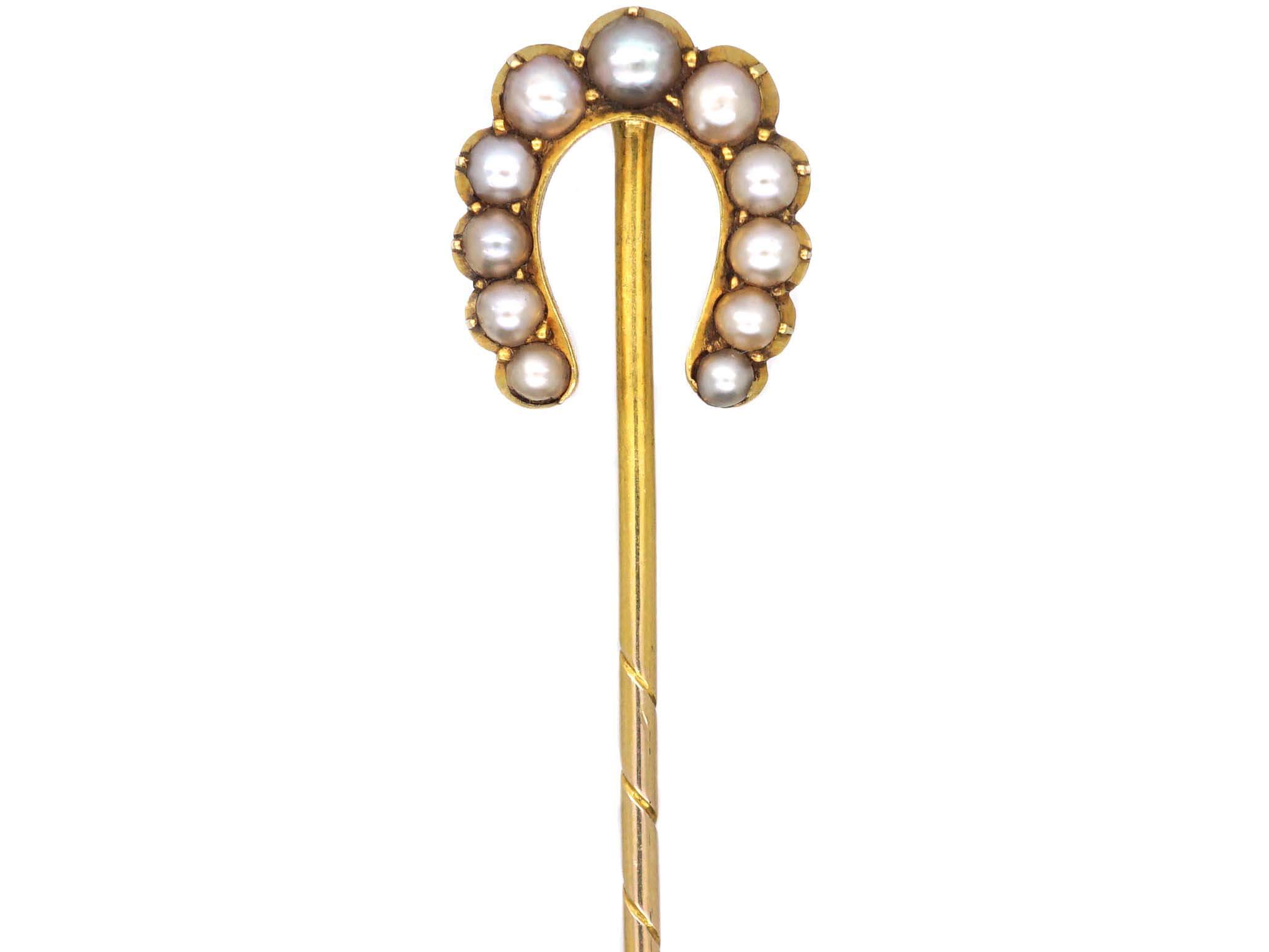 Edwardian 15ct Gold Horseshoe Tie Pin set with Natural Split Pearls ...
