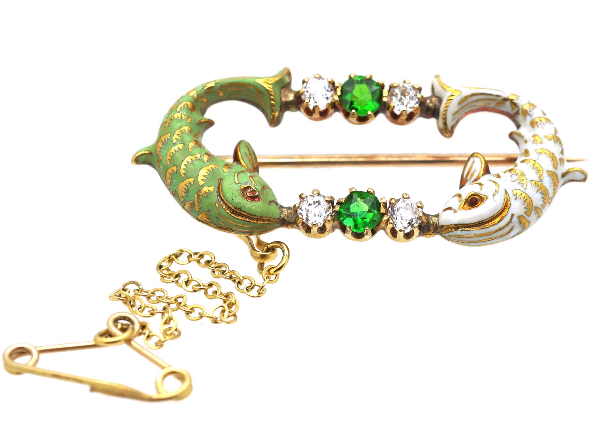 Victorian 18ct Gold & Enamel Dolphins Brooch by Alfred Phillips set ...