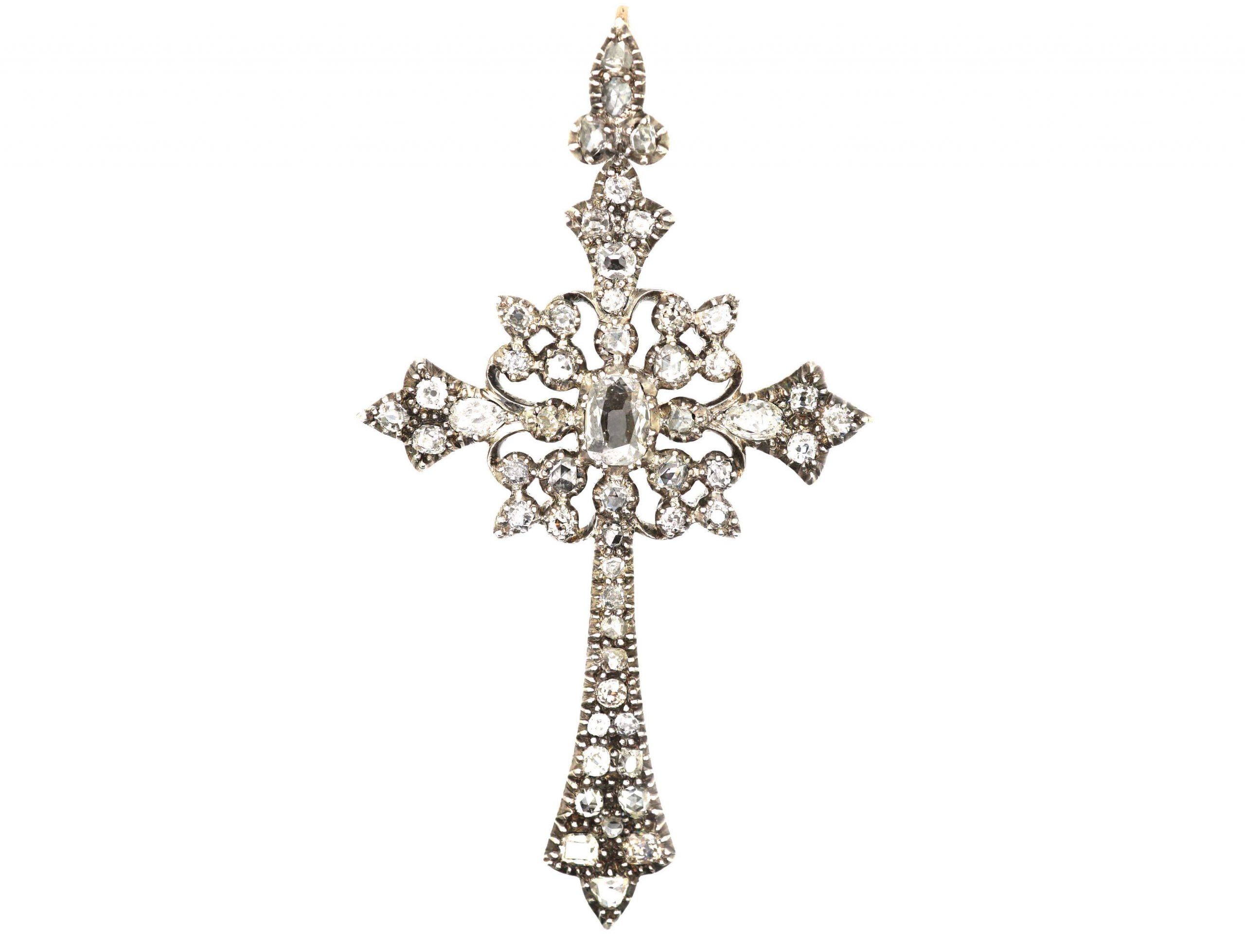 Georgian Silver & Gold, Old Mine Cut Diamond & Rose Diamond Cross in ...