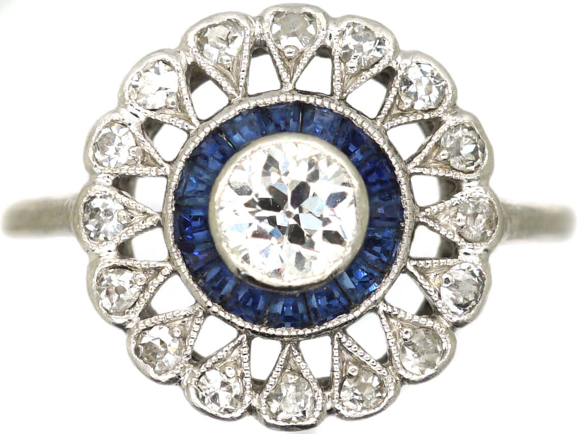 Art Deco Platinum Target Ring set with Diamonds & Calibre Sapphires ...