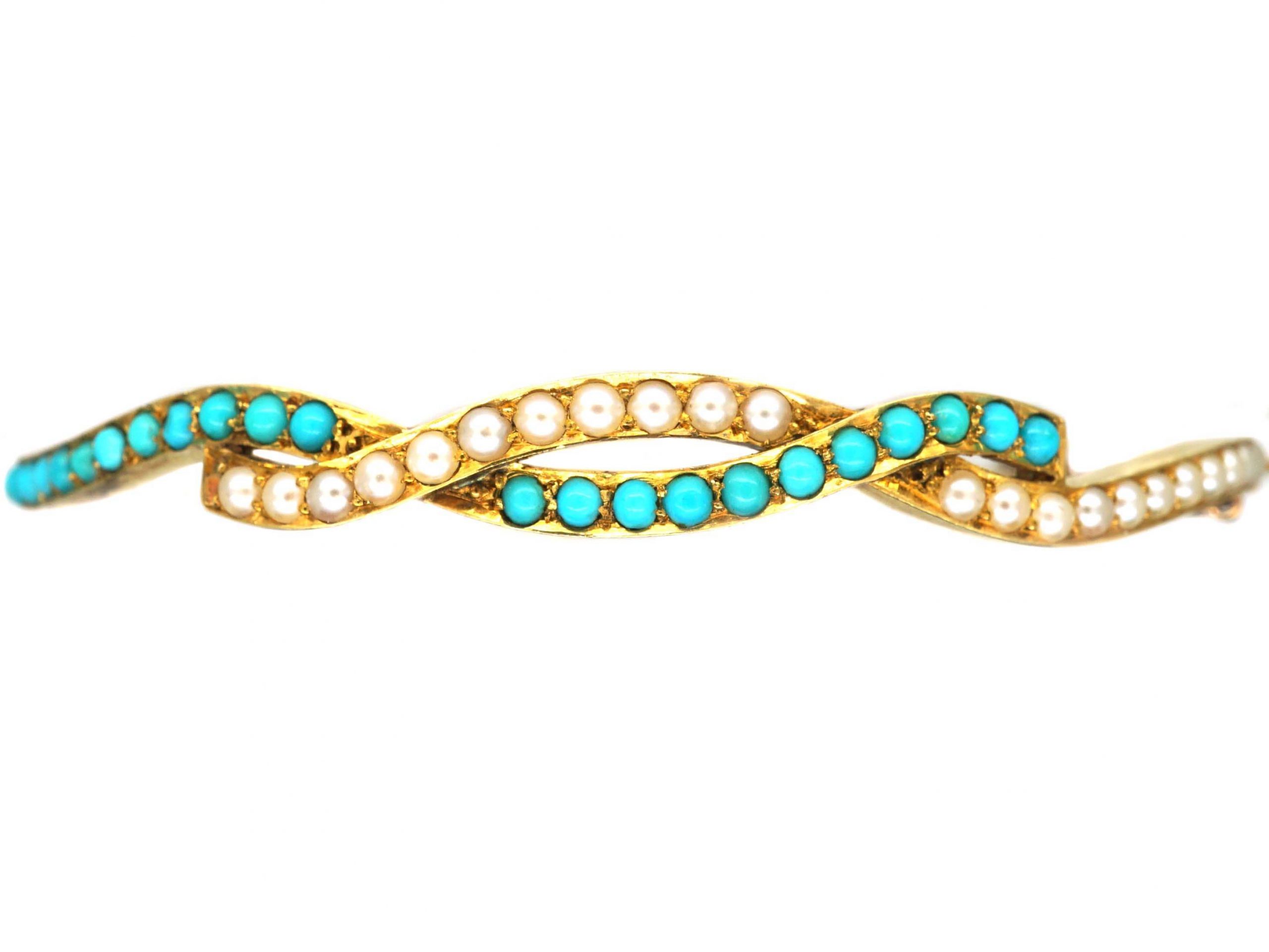 Edwardian 15ct Gold Twist Bangle set with Turquoise & Natural Split ...