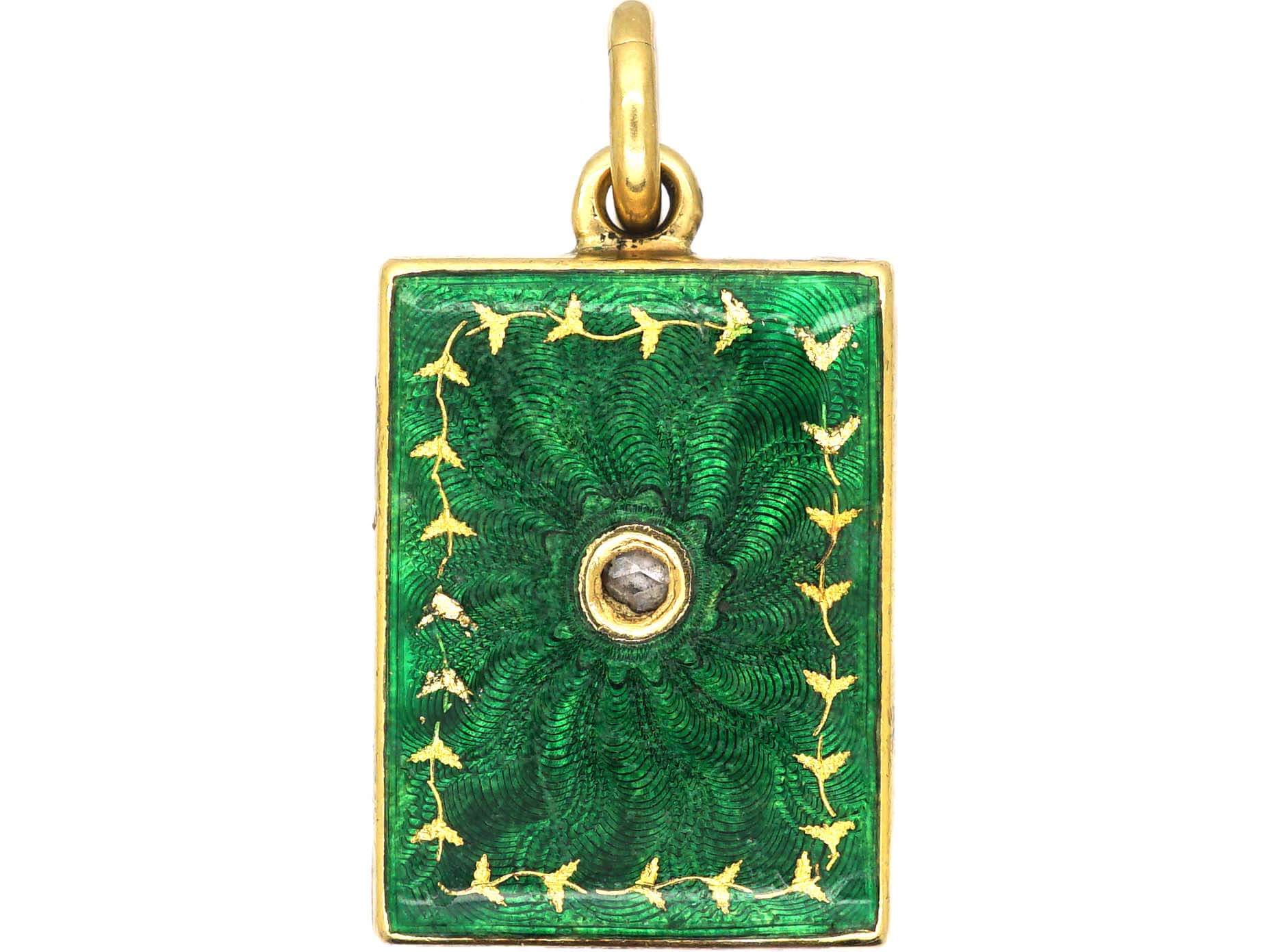 Edwardian 18ct Gold, Green Enamel & Rose Diamond Rectangular Locket ...
