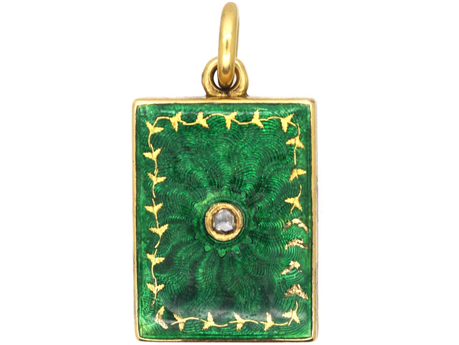 Edwardian 18ct Gold, Green Enamel & Rose Diamond Rectangular Locket ...