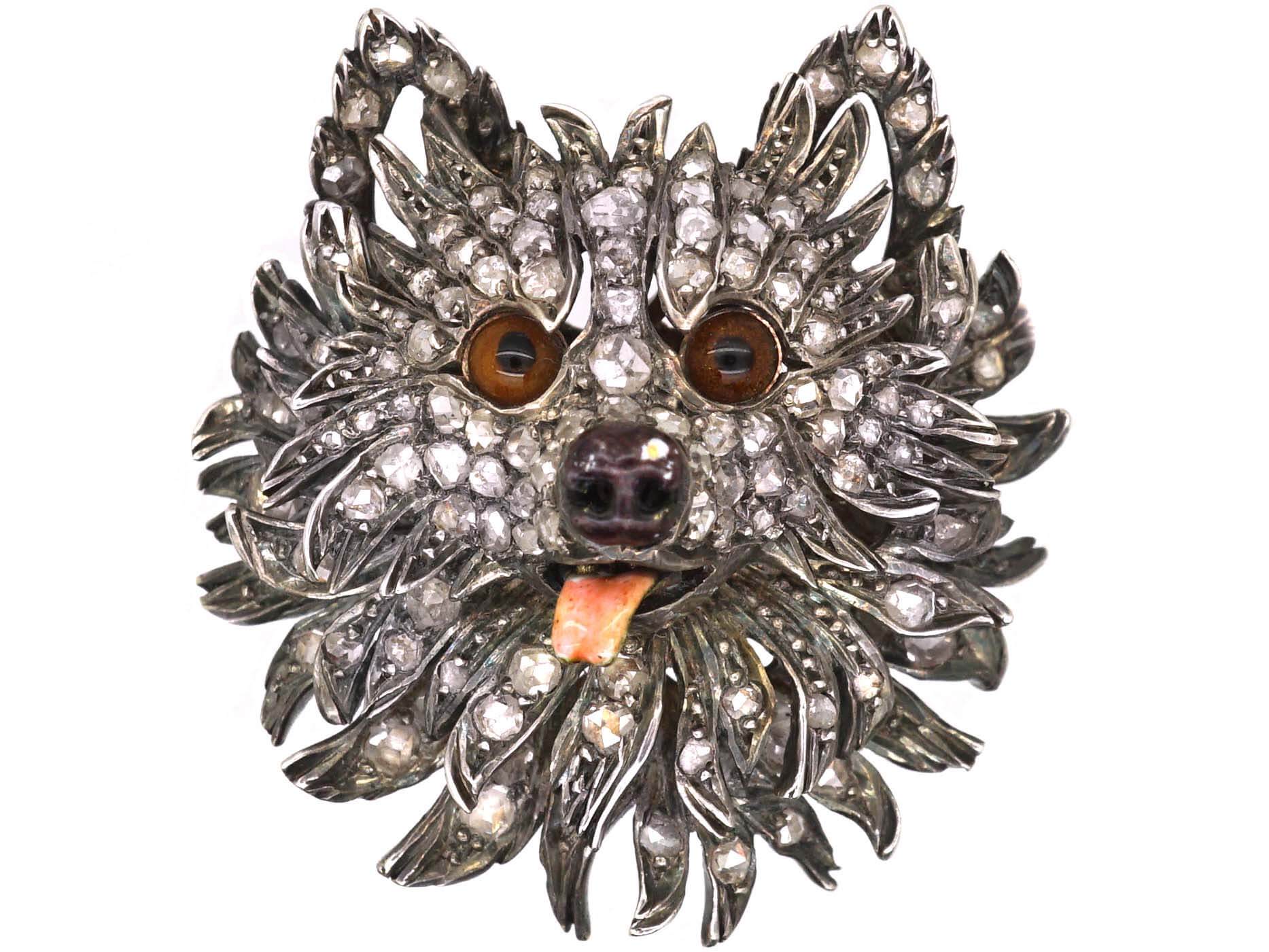 Victorian Dog's Head Brooch set with Diamonds with Enamel Tongue ...