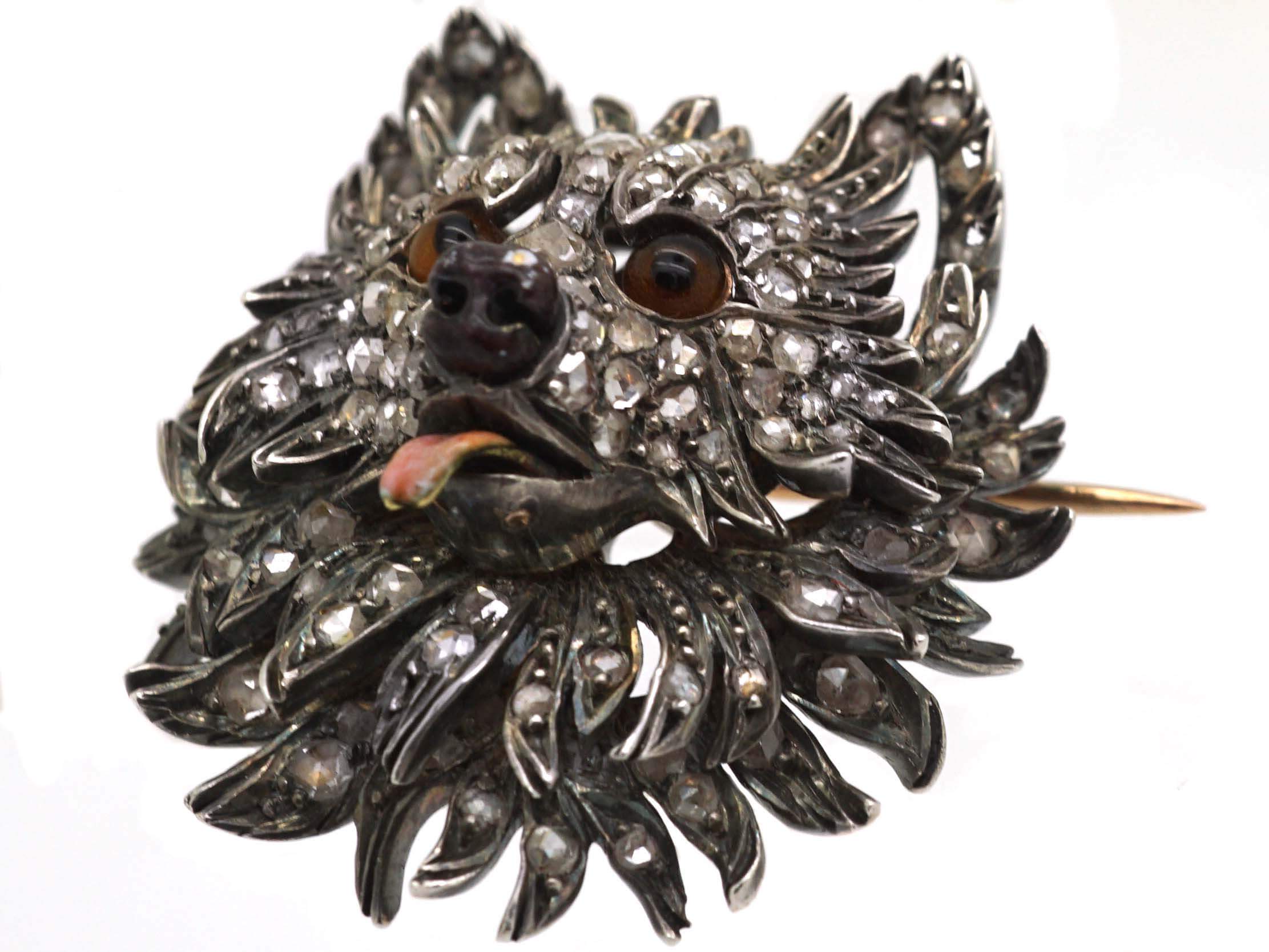 Victorian Dog's Head Brooch set with Diamonds with Enamel Tongue ...