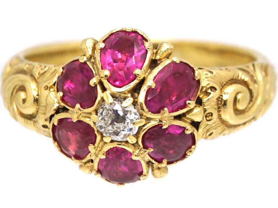 Georgian 18ct Gold Ruby and Diamond Cluster Ring with Ornate Shoulders ...
