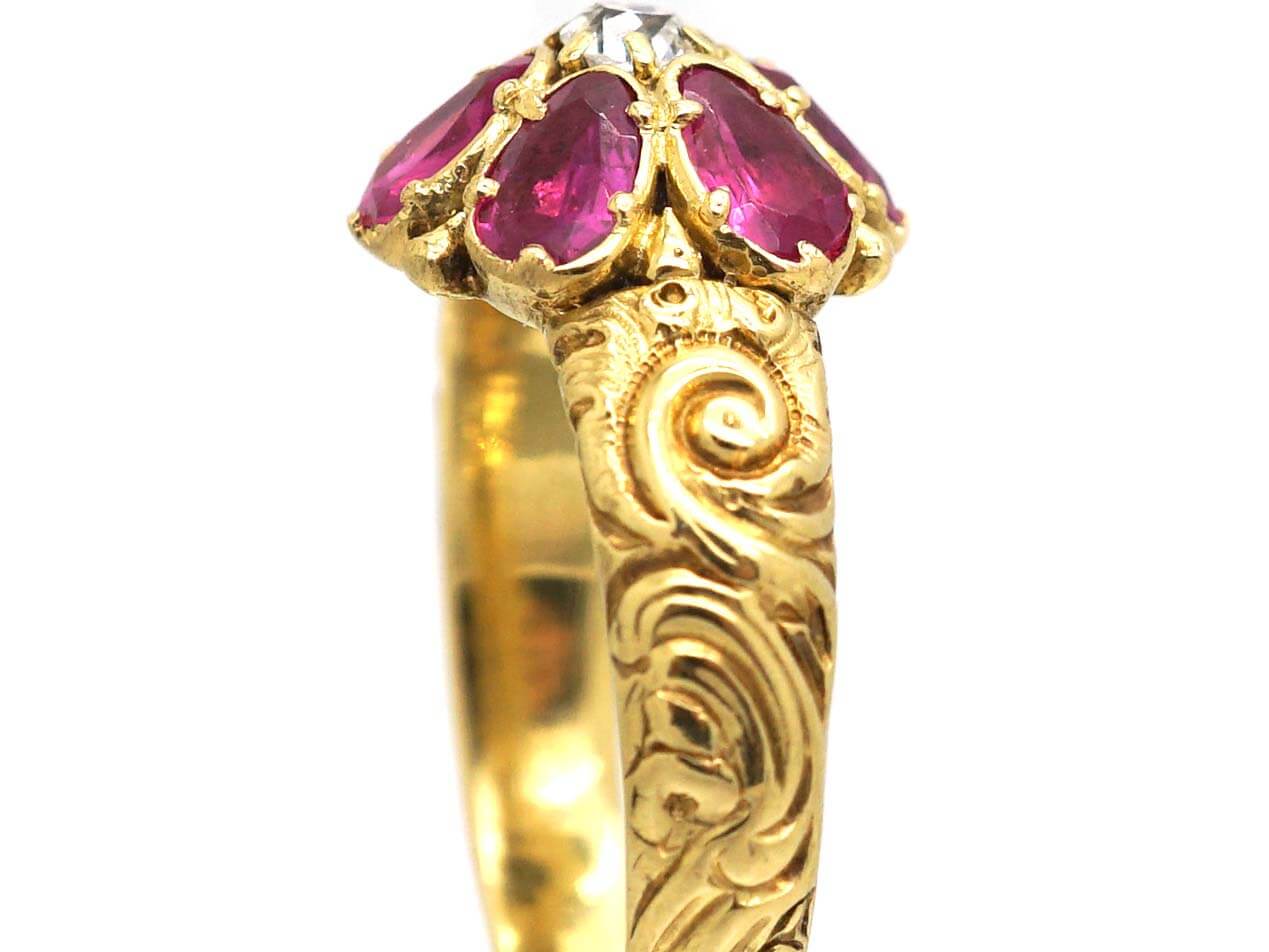 Georgian 18ct Gold Ruby and Diamond Cluster Ring with Ornate Shoulders ...
