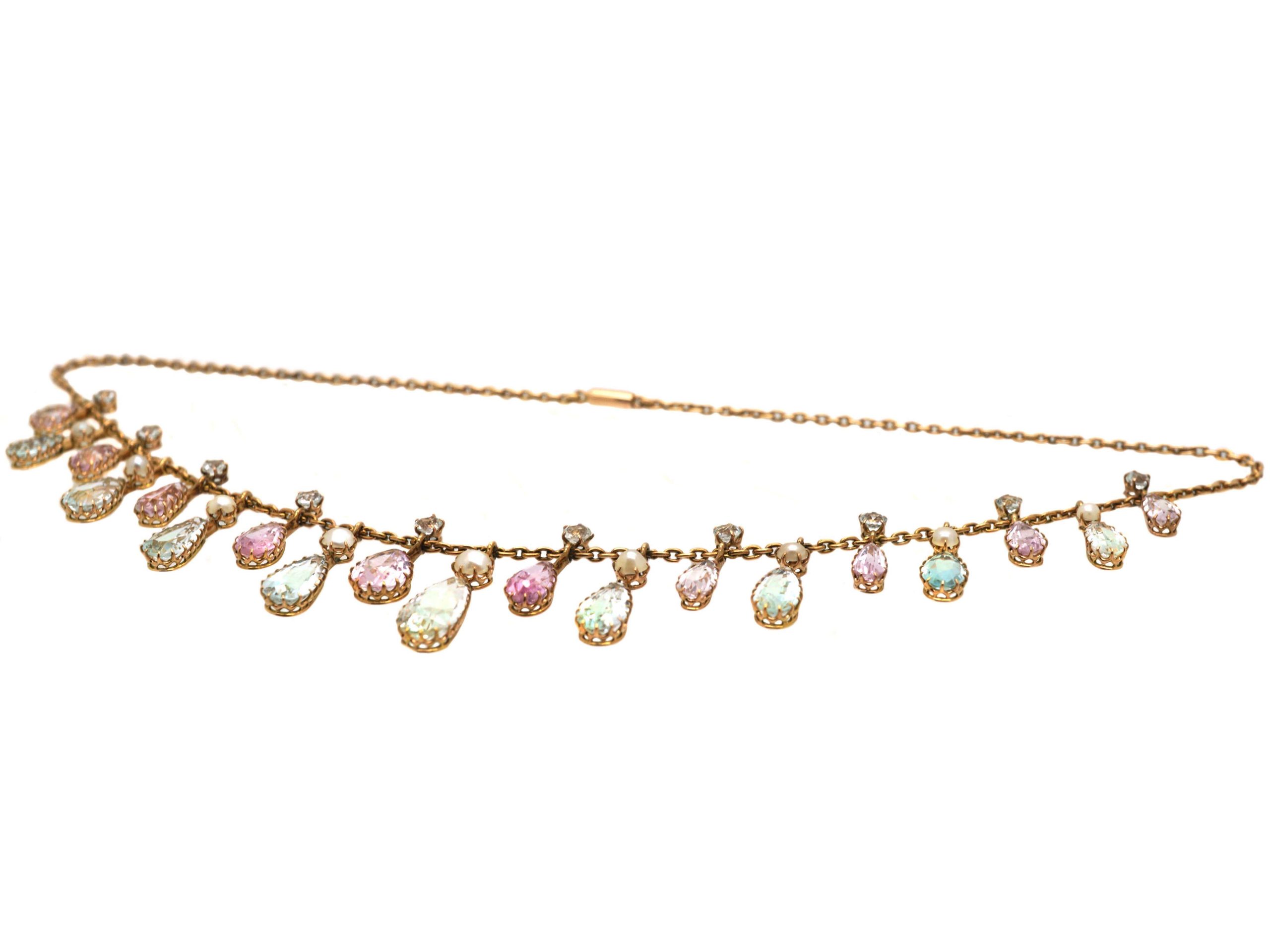 Edwardian 15ct Gold, Pink Topaz & Aquamarine Drops Necklace in Original ...