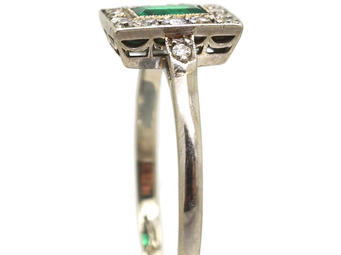 Art Deco 18ct White Gold & Platinum, Emerald & Diamond Rectangular Ring ...