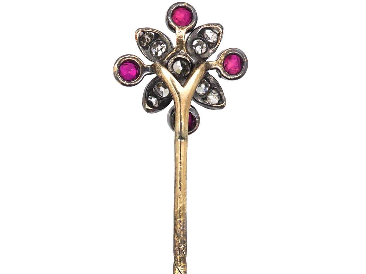 Edwardian Gold & Silver, Ruby & Diamond Flower Tie Pin (507U) | The ...