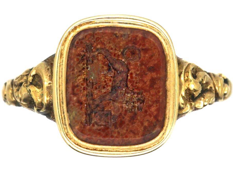Early 19th Century 18ct Gold & Brown Jasper Ring with Lion Intaglio ...