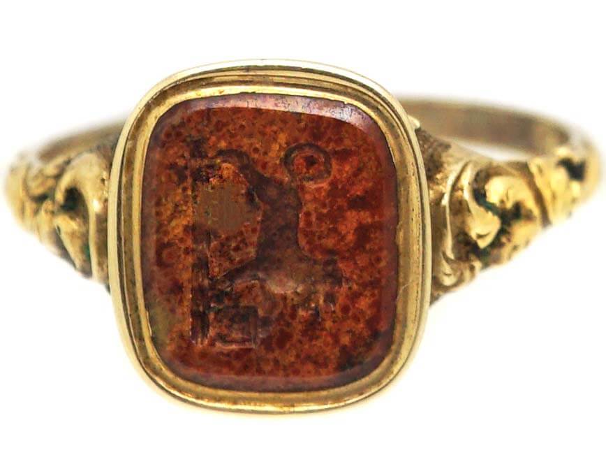 Early 19th Century 18ct Gold & Brown Jasper Ring with Lion Intaglio ...