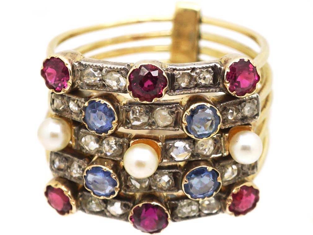 Edwardian 18ct Gold Harem Ring set with Rubies, Sapphires, Pearls ...