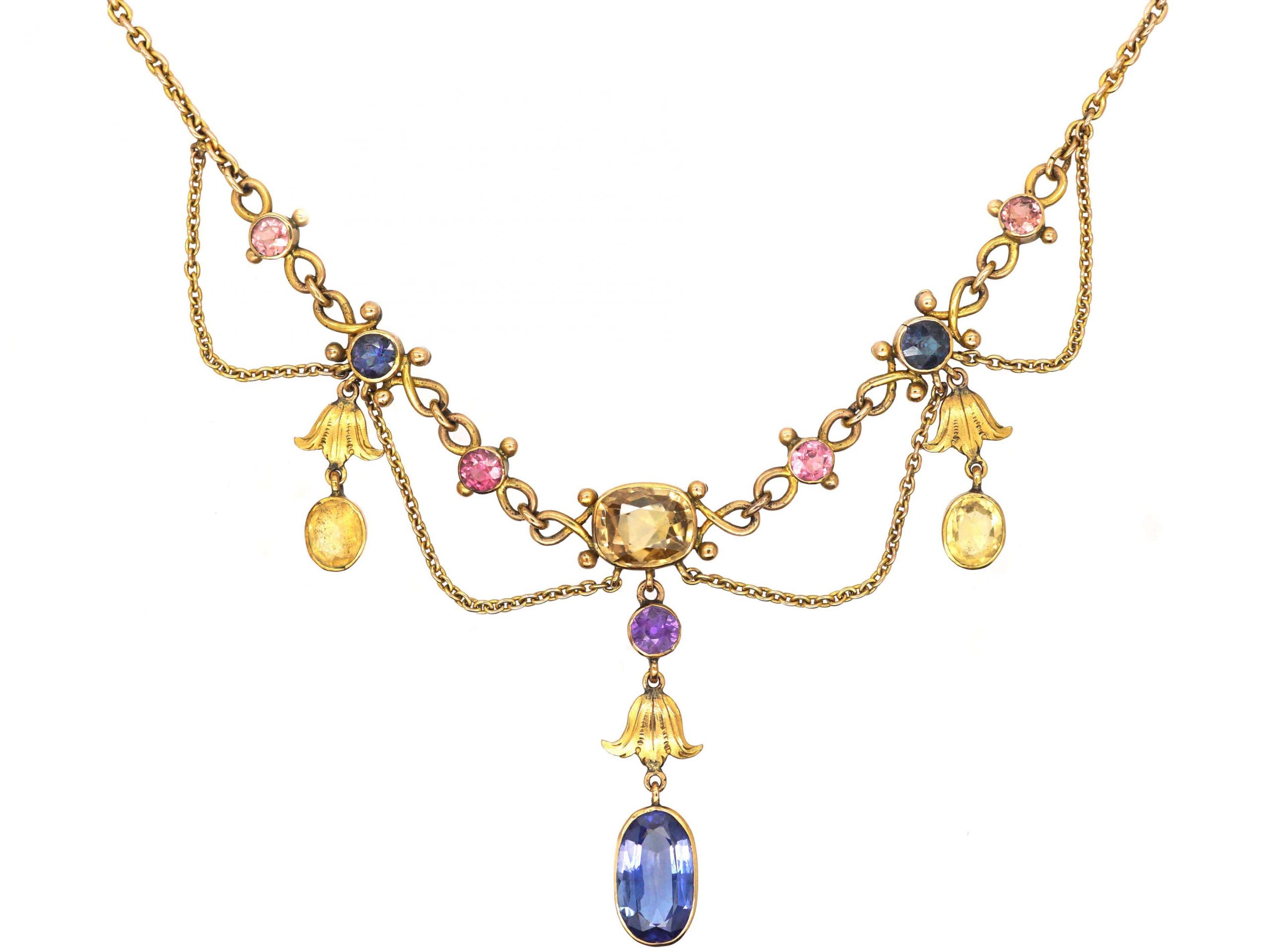 Edwardian 18ct Gold Festoon Necklace set with Various Coloured ...
