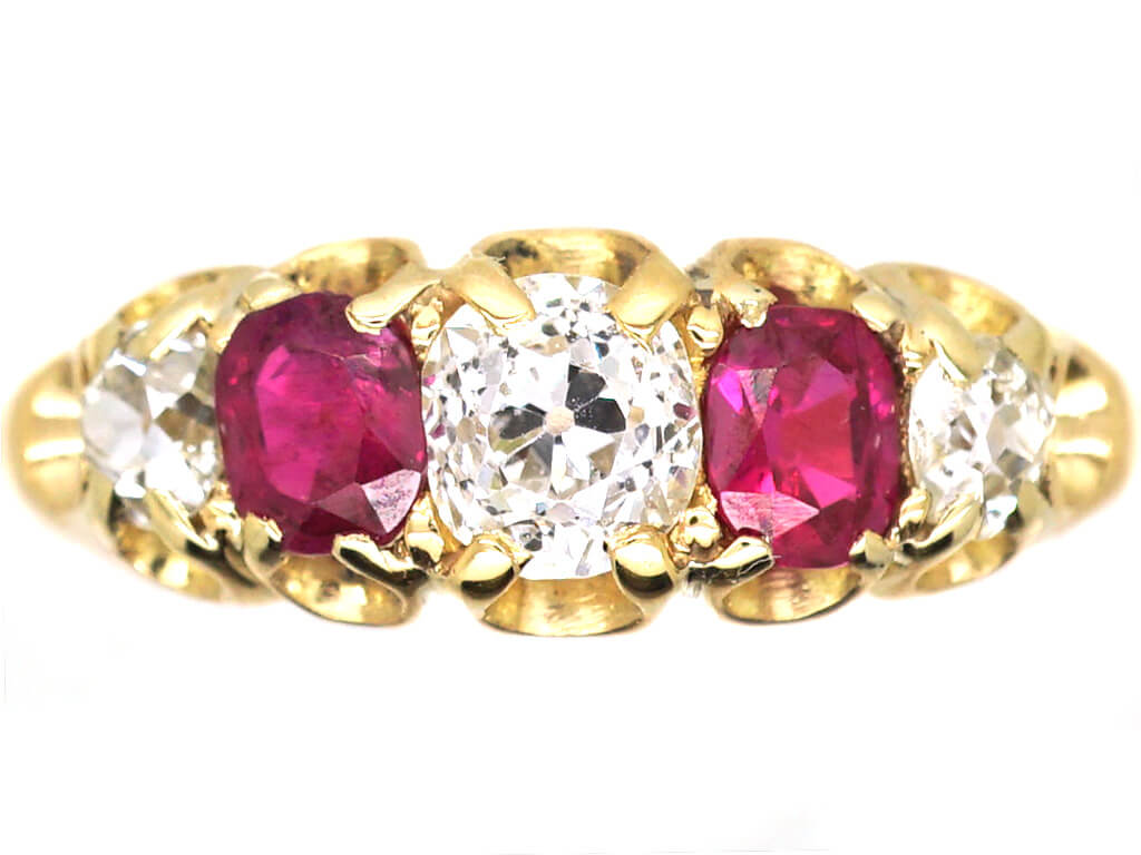 Victorian 18ct Gold, Ruby and Diamond Five Stone Ring (612U) | The Antique Jewellery Company